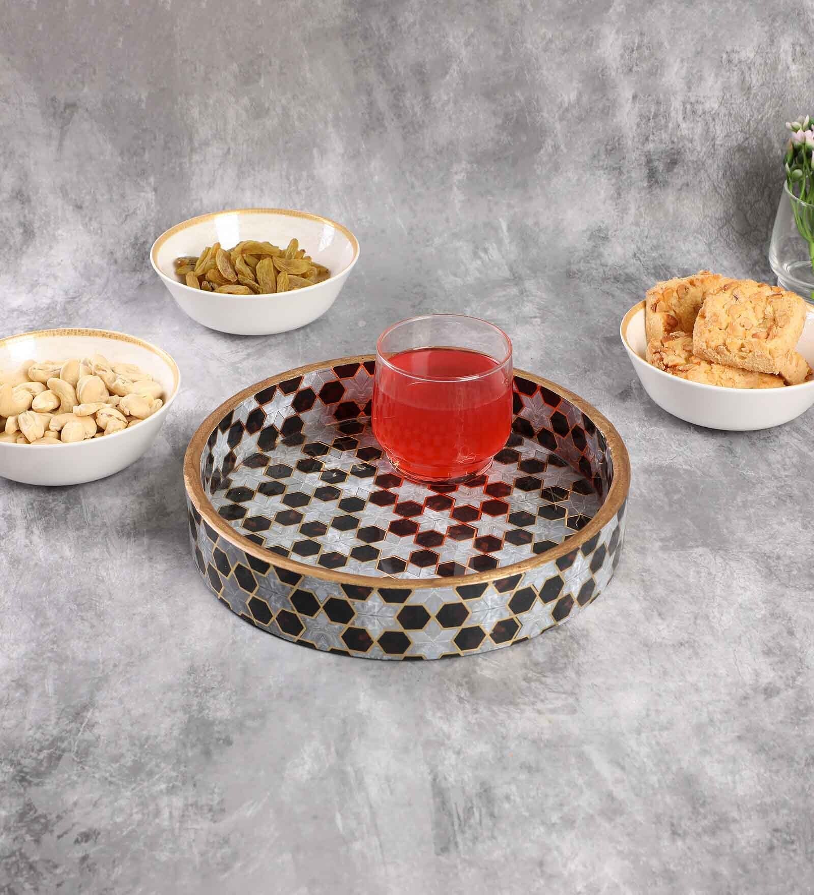 Buy Black, White & Gold MDF Wood Mosaic Round Serving Tray at 50% OFF ...