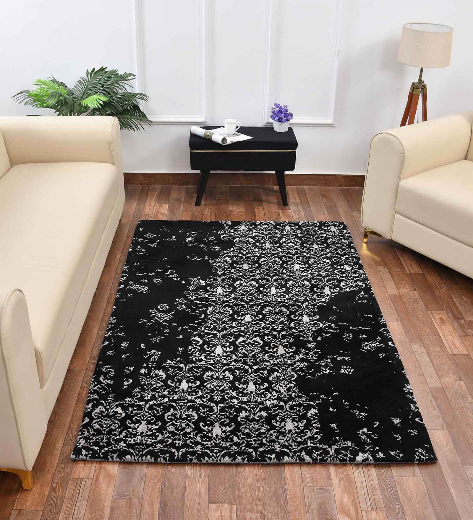 Buy Black Abstract Polyester 5 x 7 Feet Machine Made Carpet by PRESTO ...