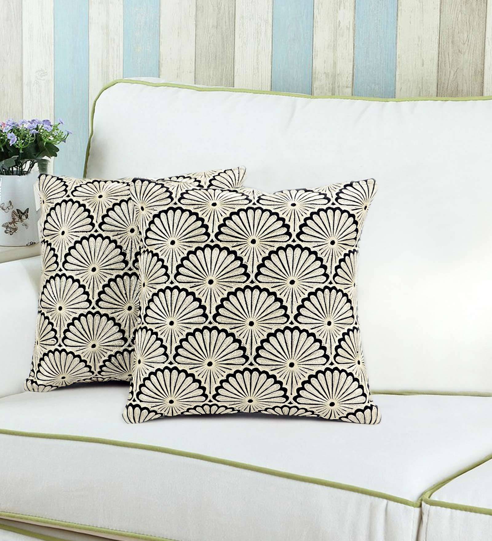 Buy Black Traditional Cotton 16 x 16 Inches Embroidered Cushion Covers ...