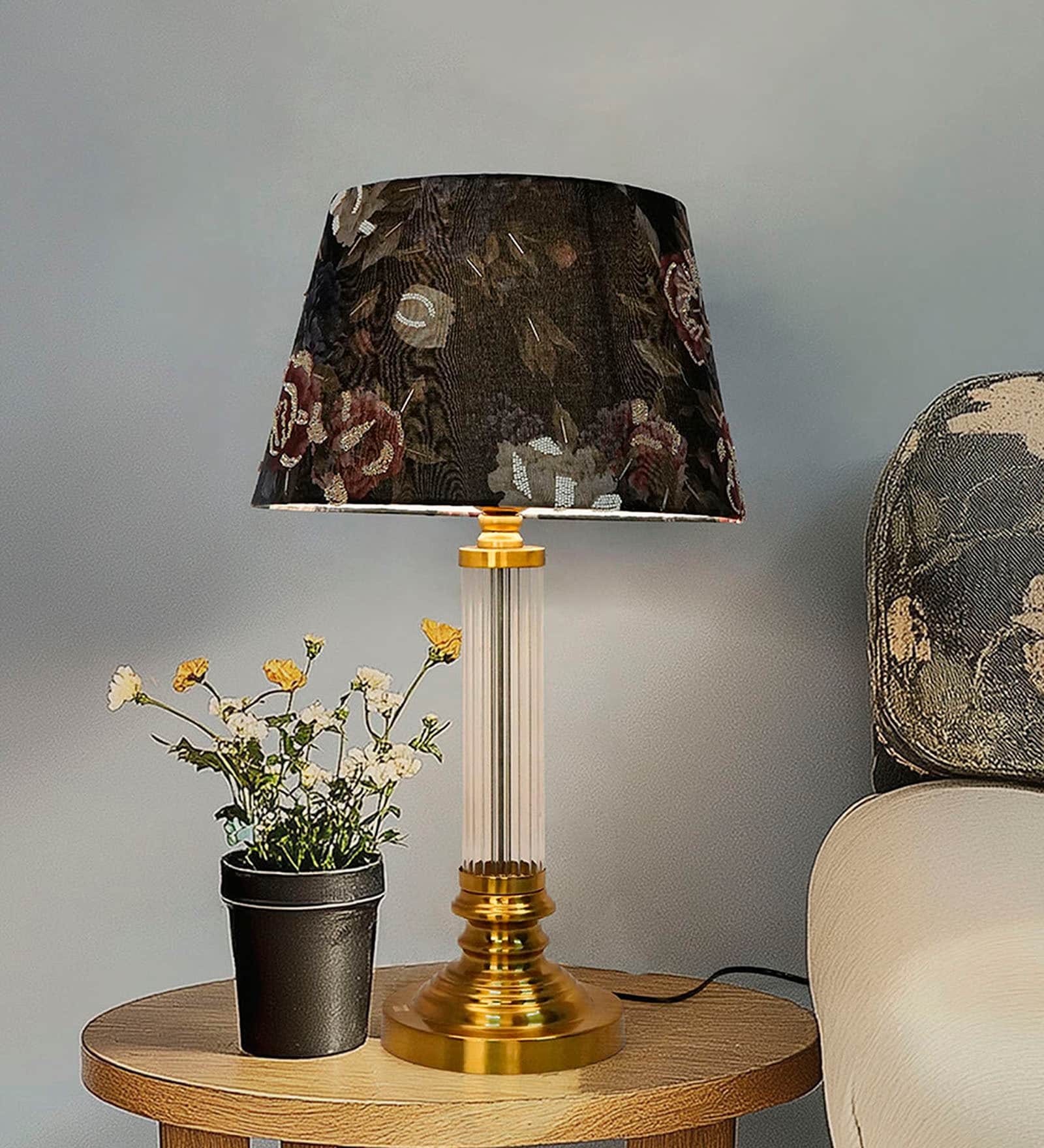 Buy Black Embroidered Table Lamp with Fluted Glass Pillar at 5% OFF by ...