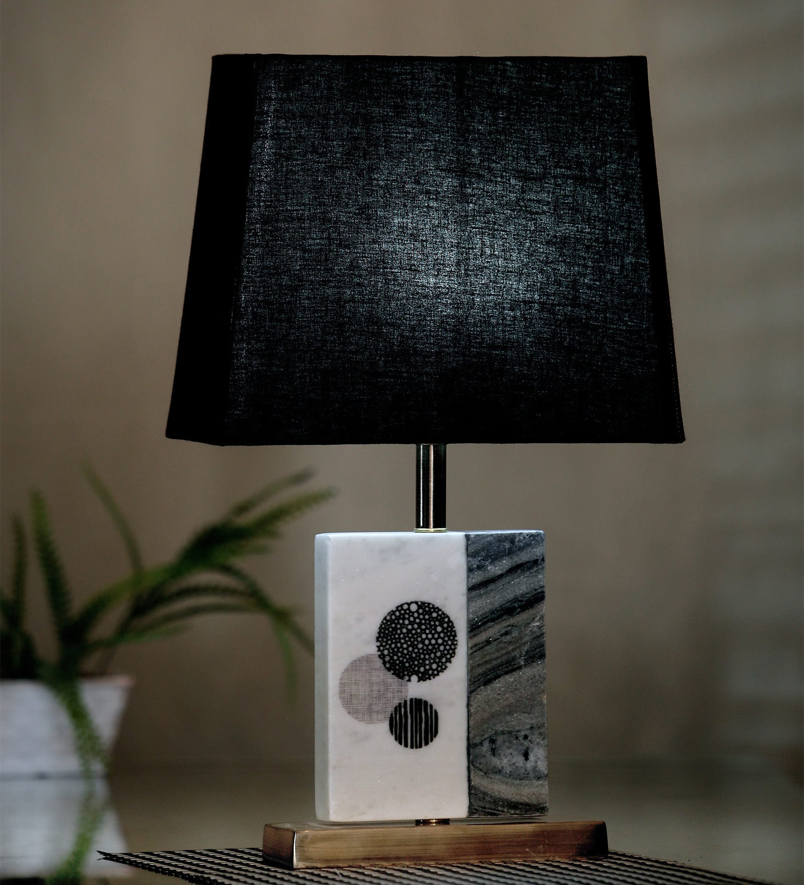 Buy Black Fabric Shade Marble Table LED Lamp With Antique Brass Base at ...