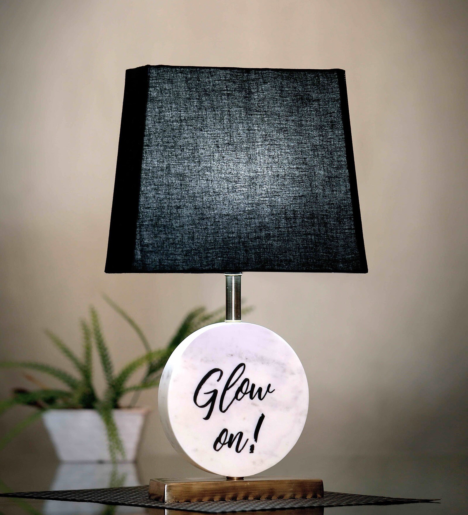 Buy Black Fabric Shade Marble Table LED Lamp With Antique Brass Base By ...