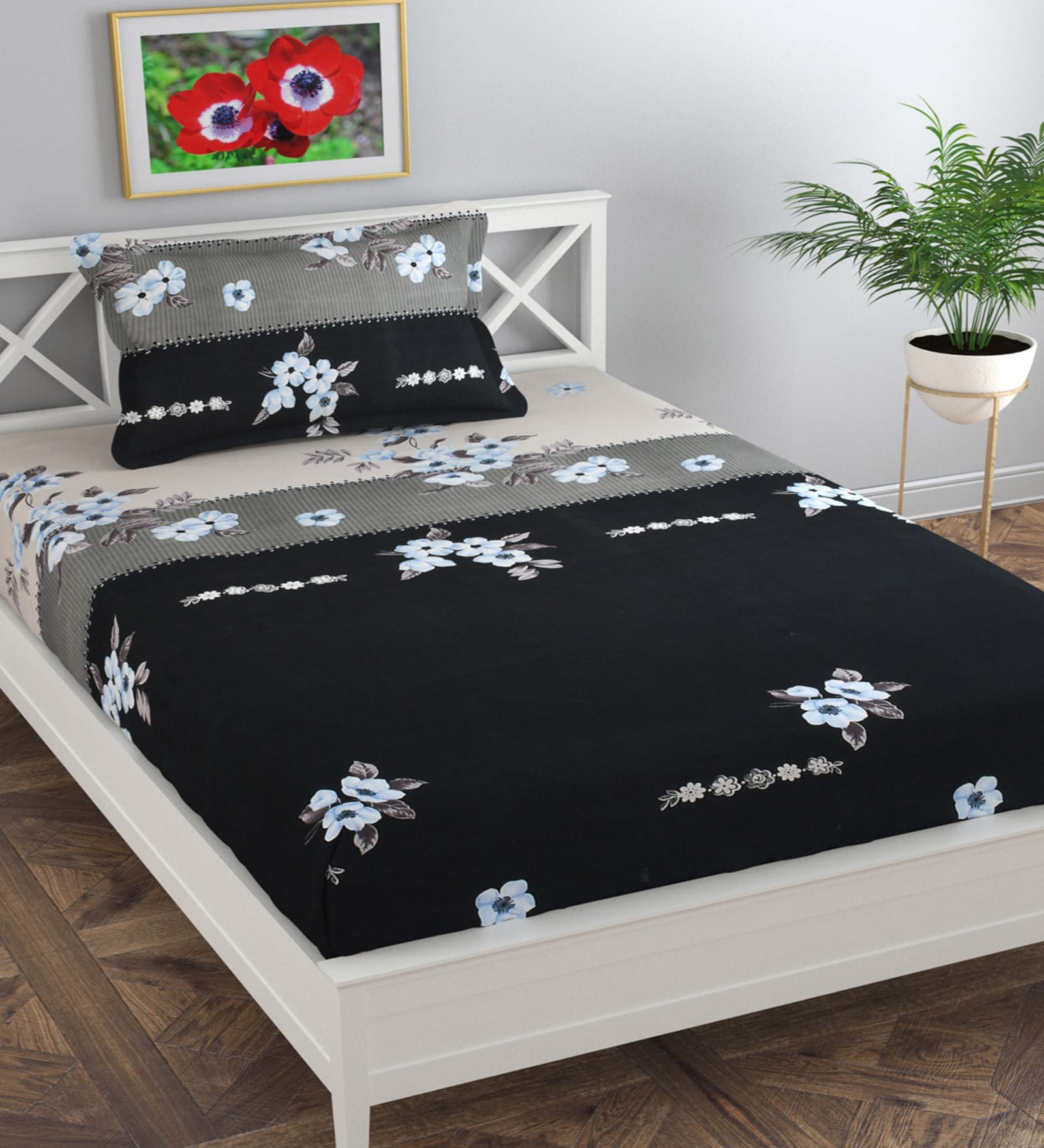 Buy Black Floral 120 TC Poly Cotton Single Bed Sized Bed Sheets With 1 ...