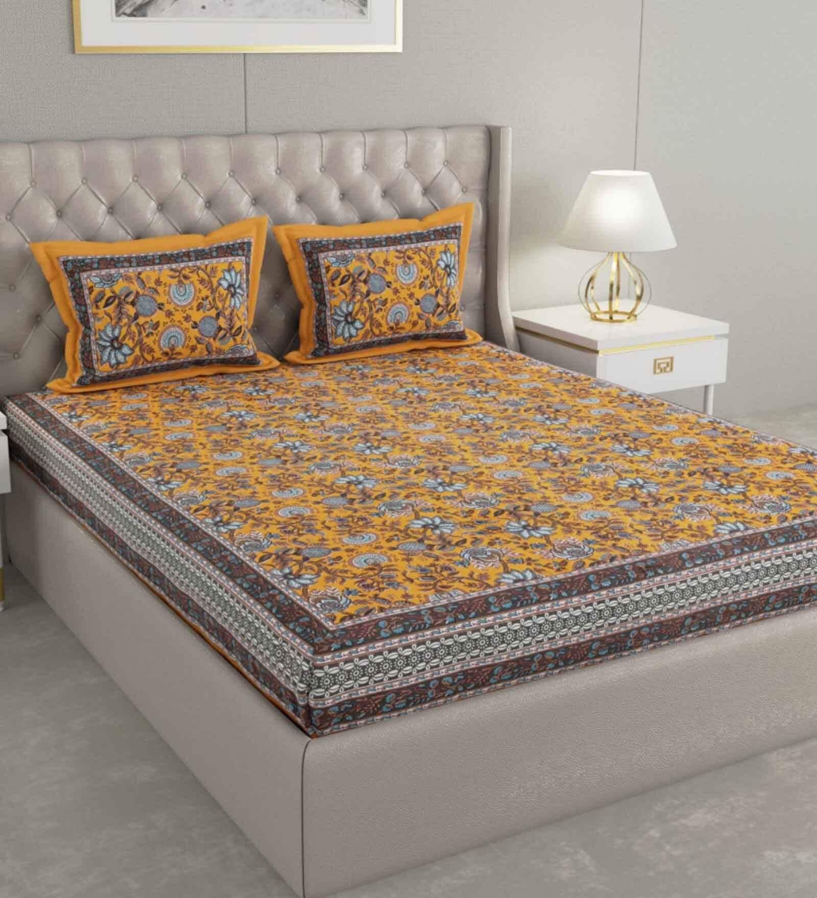 Buy Yellow Floral 300 TC Cotton Double King Sized Bedsheet With 2 ...