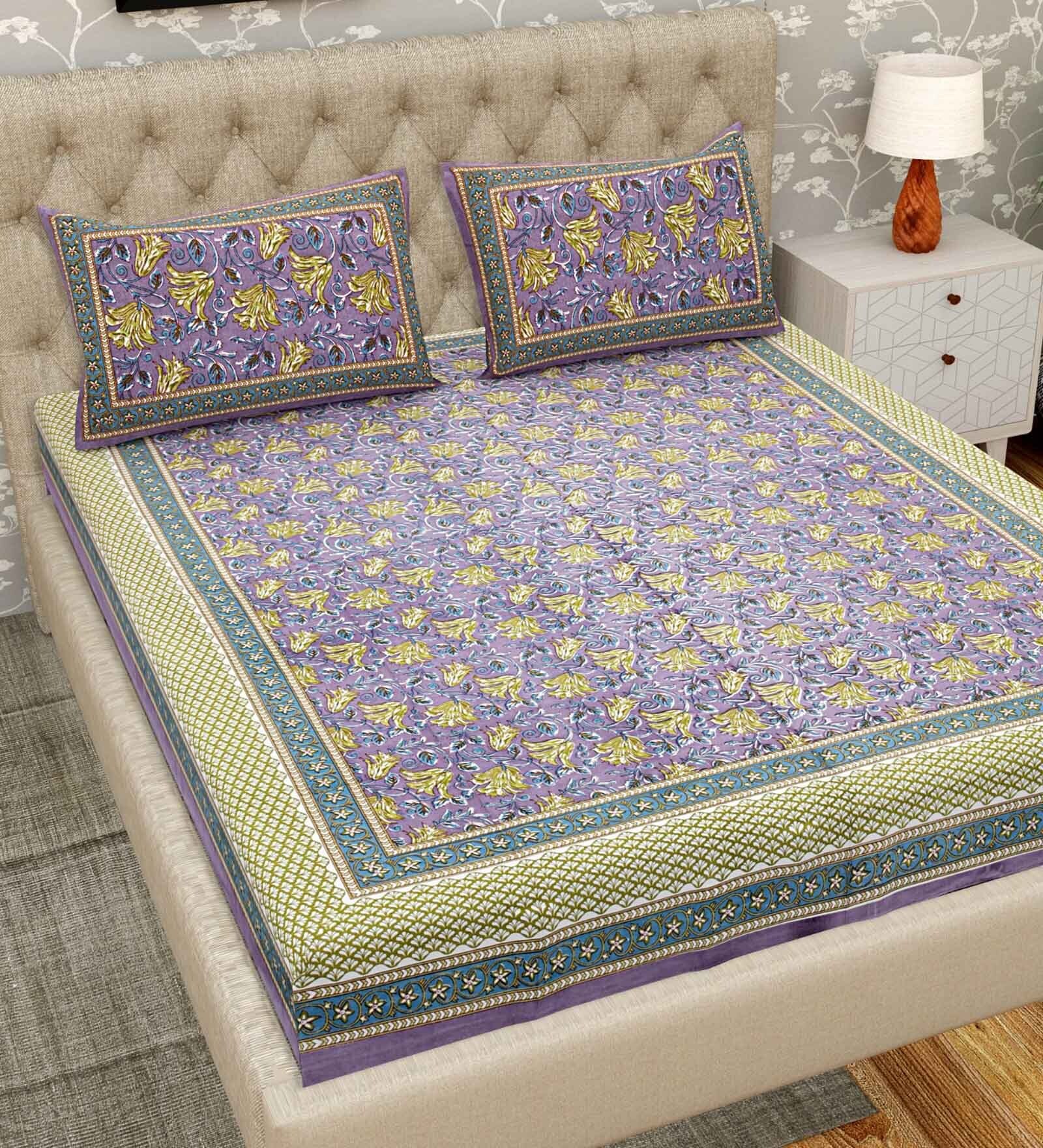 Buy Purple Floral 300 TC Cotton Double King Sized Bedsheet With 2 ...