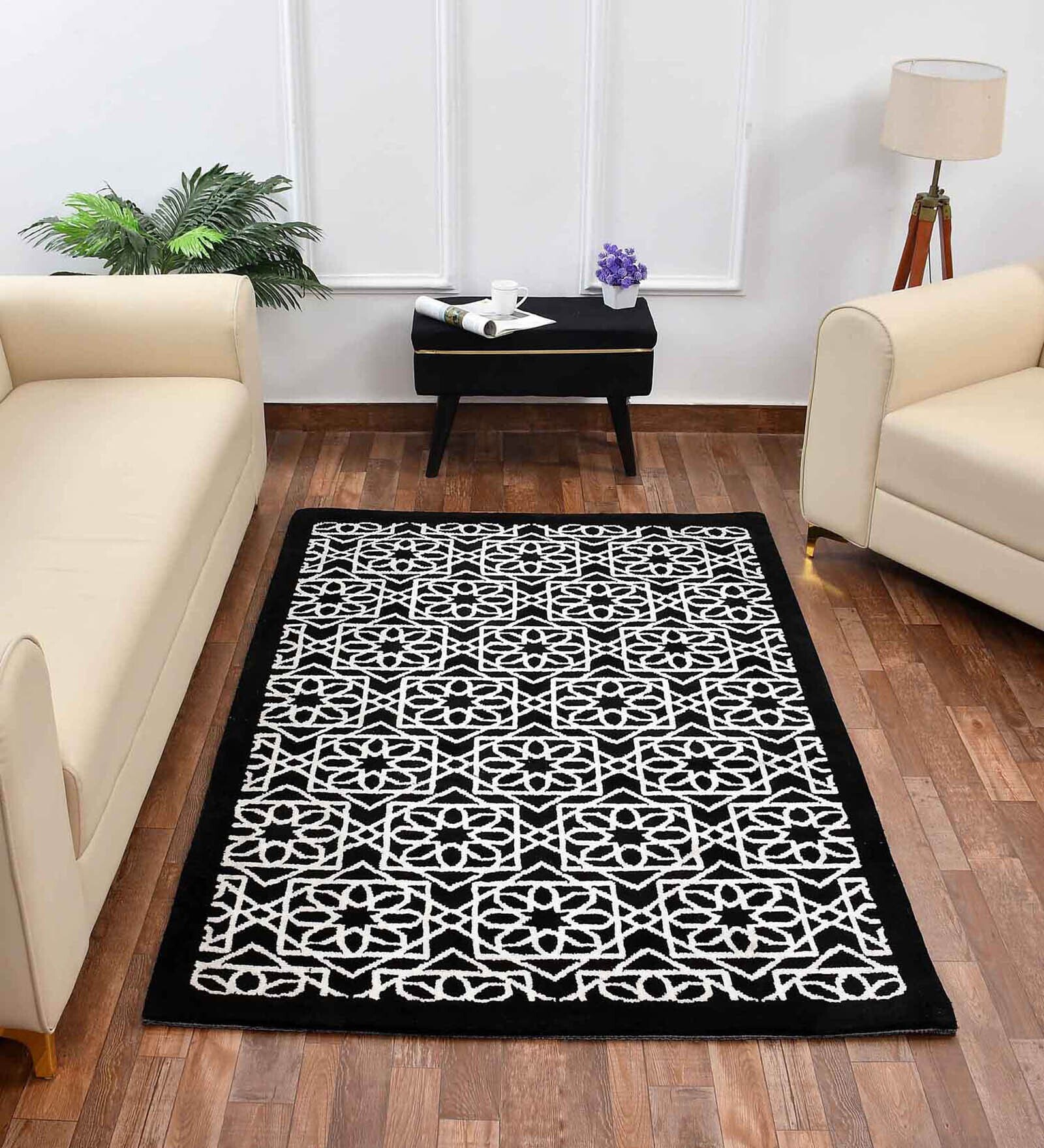 Buy Black Geometric Polyester 5 x 7 Feet Machine Made Carpet by PRESTO ...