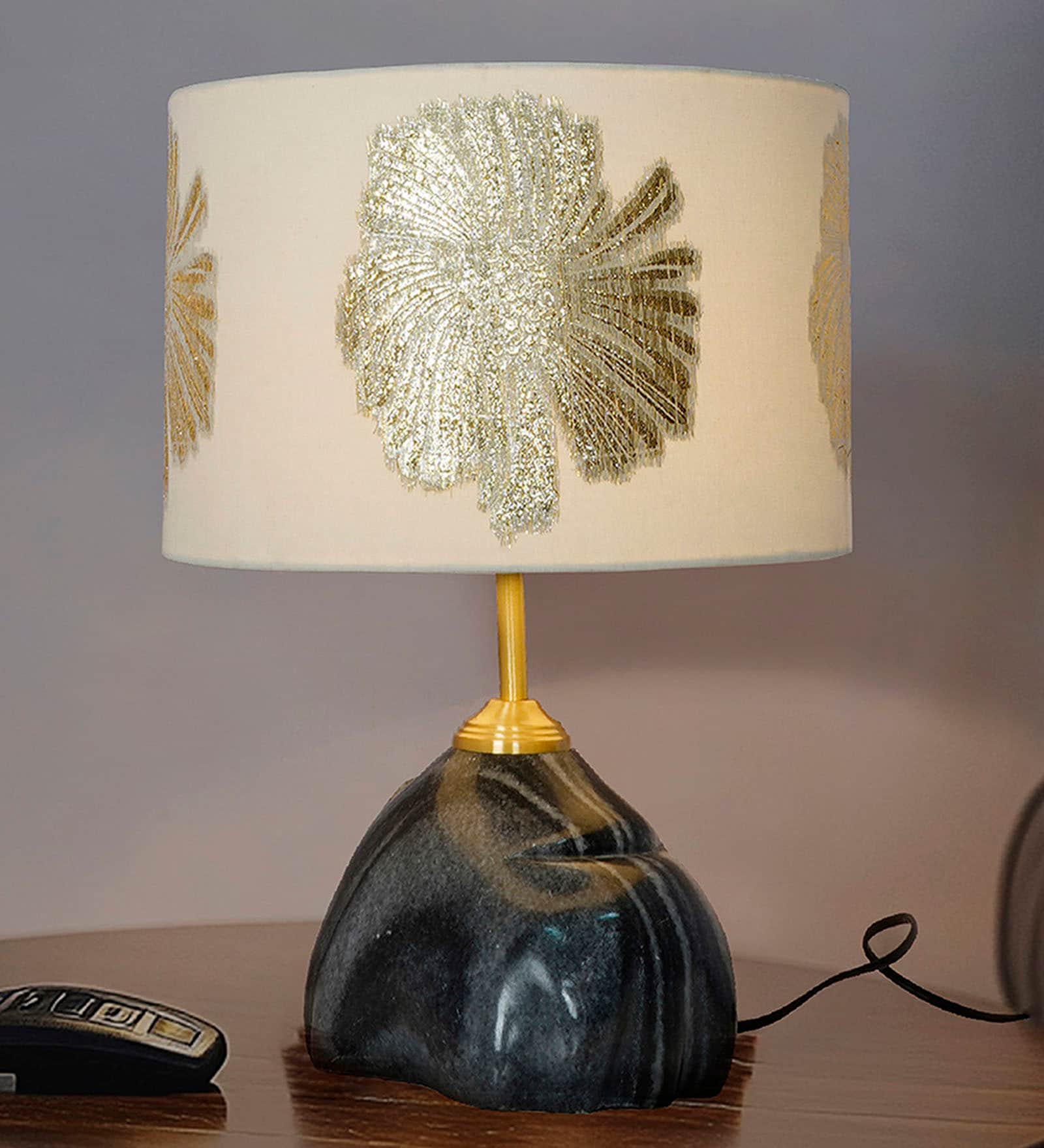 Buy Black Marble Table Lamp with Gold Embroidered Drum Shade at 5% OFF ...