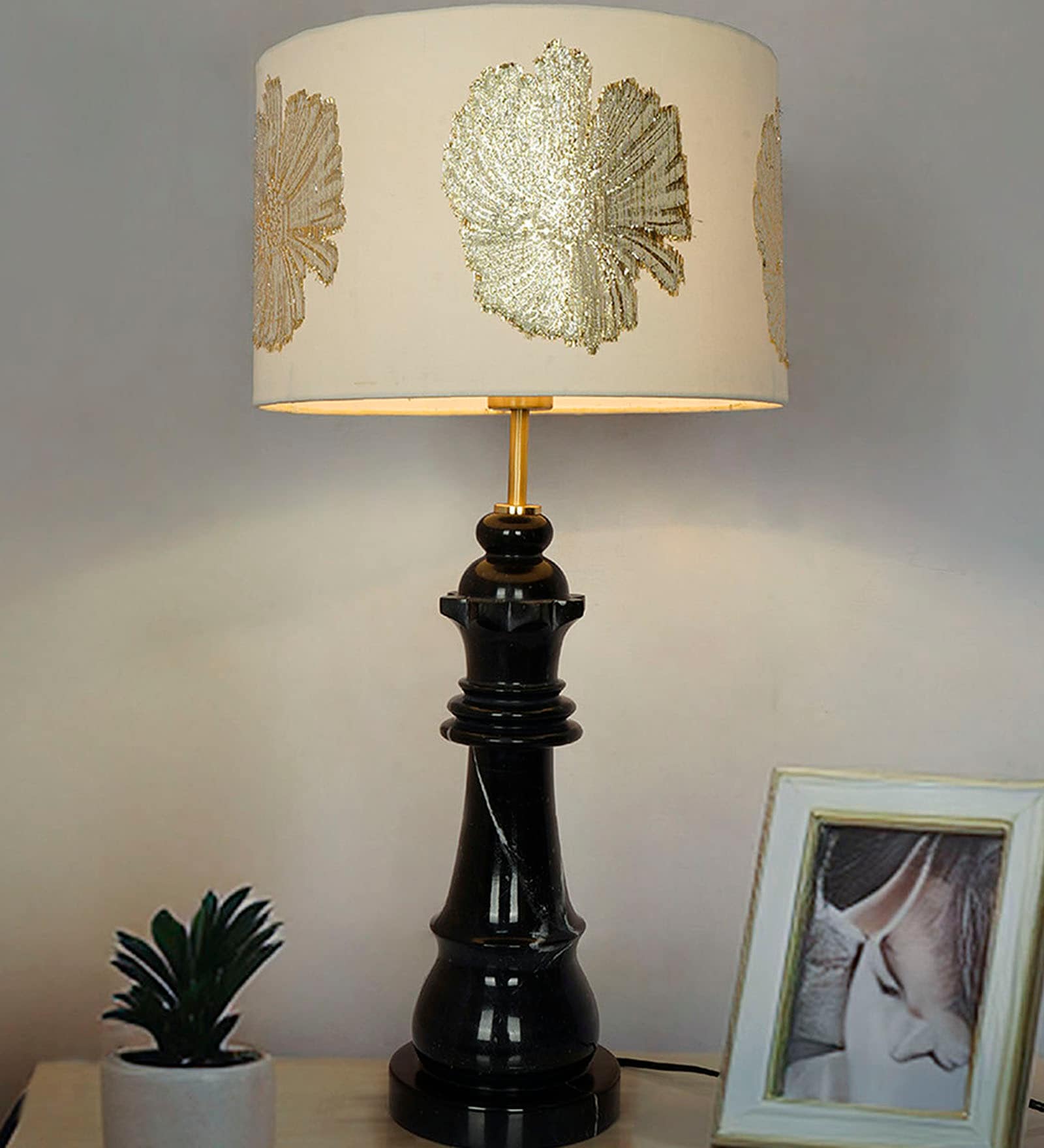 Buy Black Marquina Marble Chess Queen Table Lamp with Gold Embroidered ...