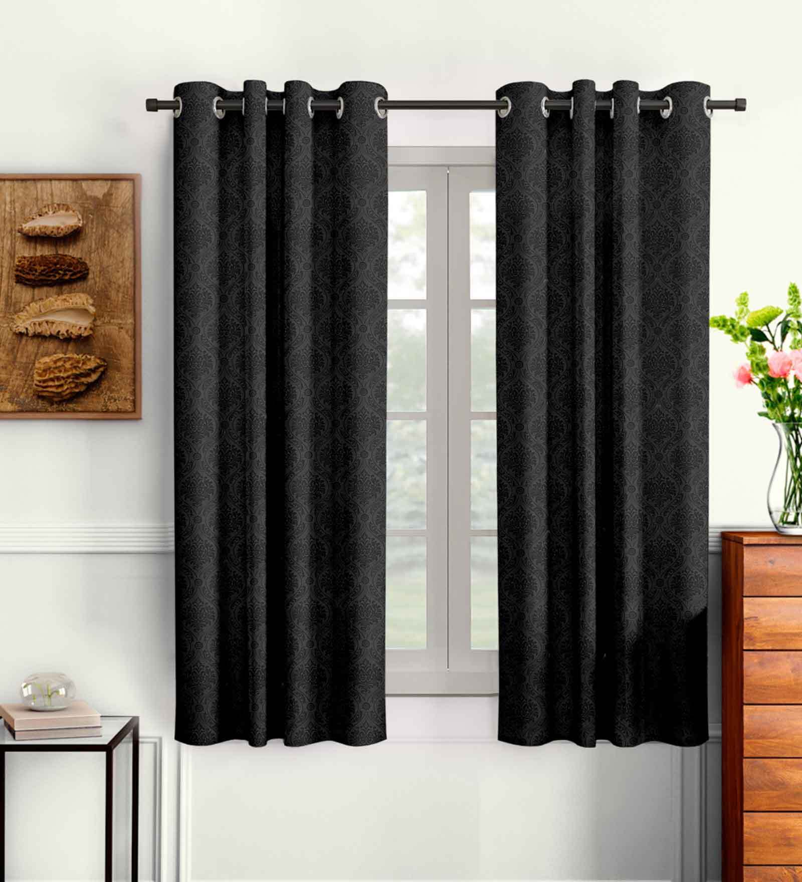 Buy Black Solid Polyester 5 Ft Semisheer Eyelet Window Curtains (Set of ...