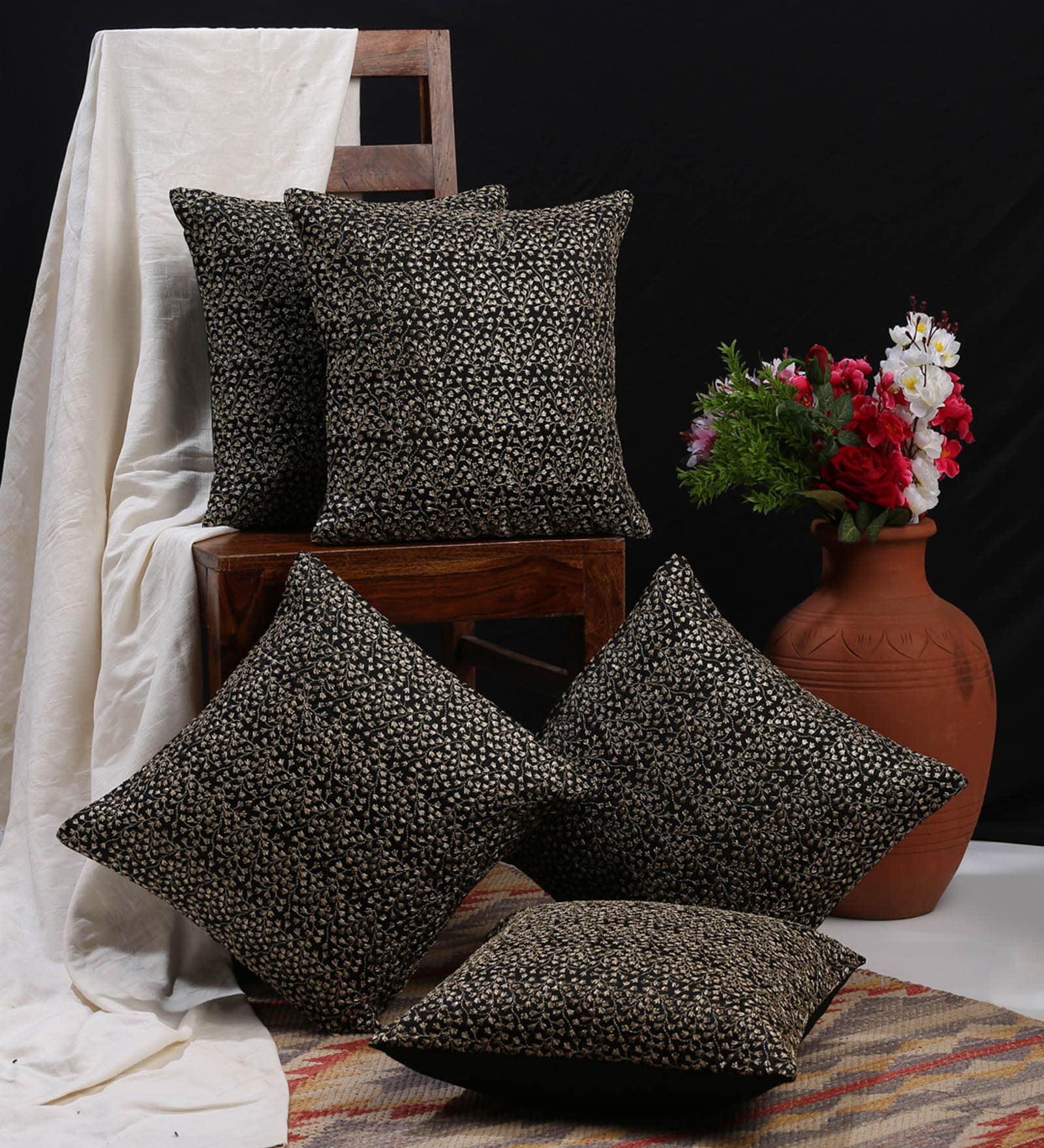 Buy Black Textured Polyester 16 x 16 Inches Cushion Covers (Set of 5 ...