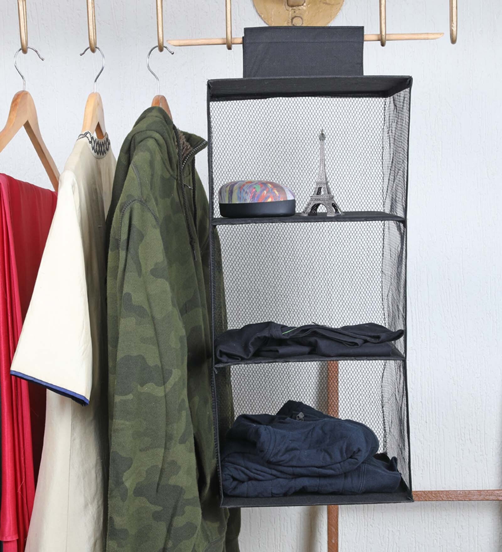 Buy Black Solid Polypropylene Foldable Cupboard Hanging Cloth Organiser ...