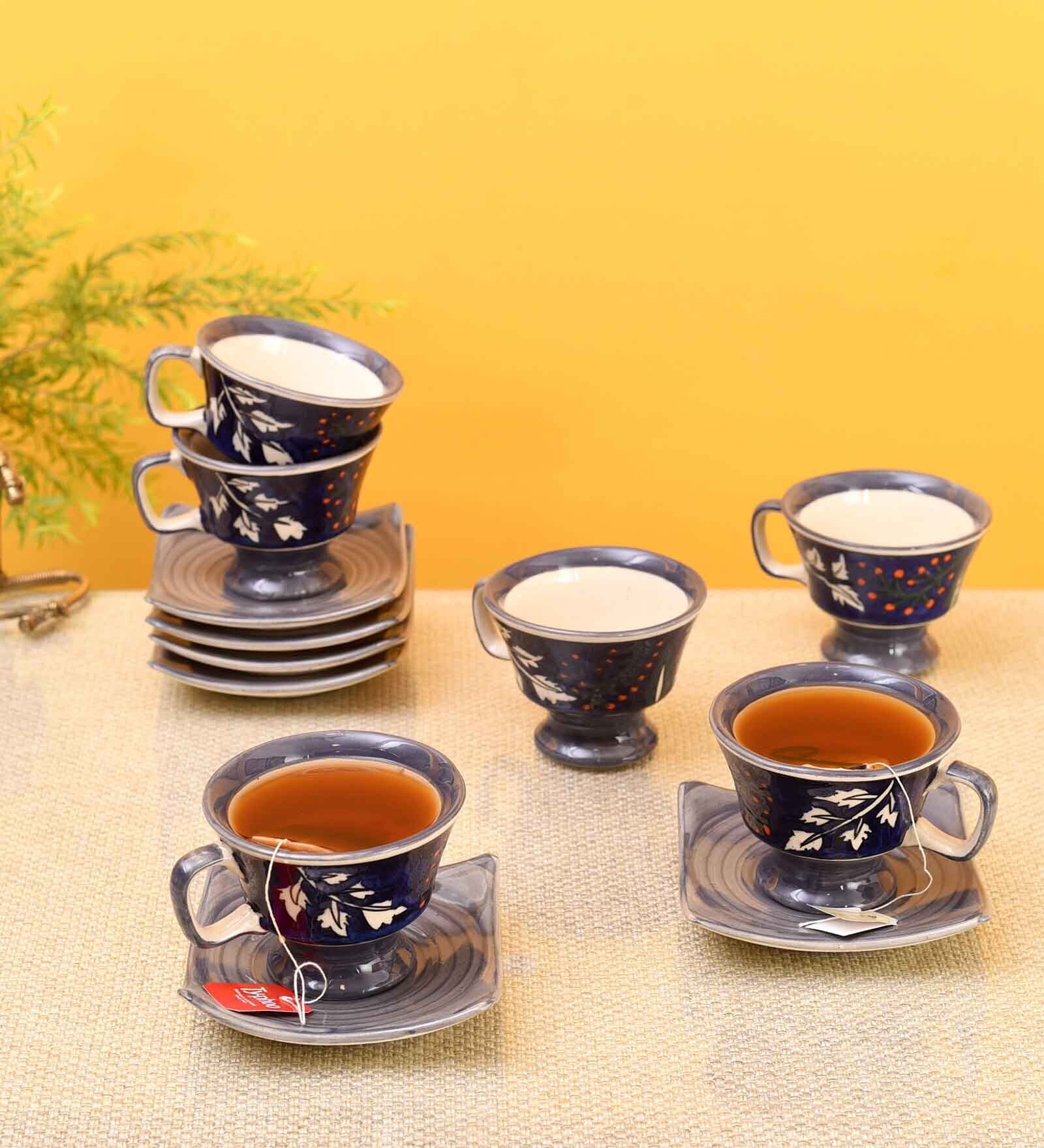 Buy Blooming Leaves Royal Blue Ceramic 12 Pcs Tea Cups with Saucer at ...