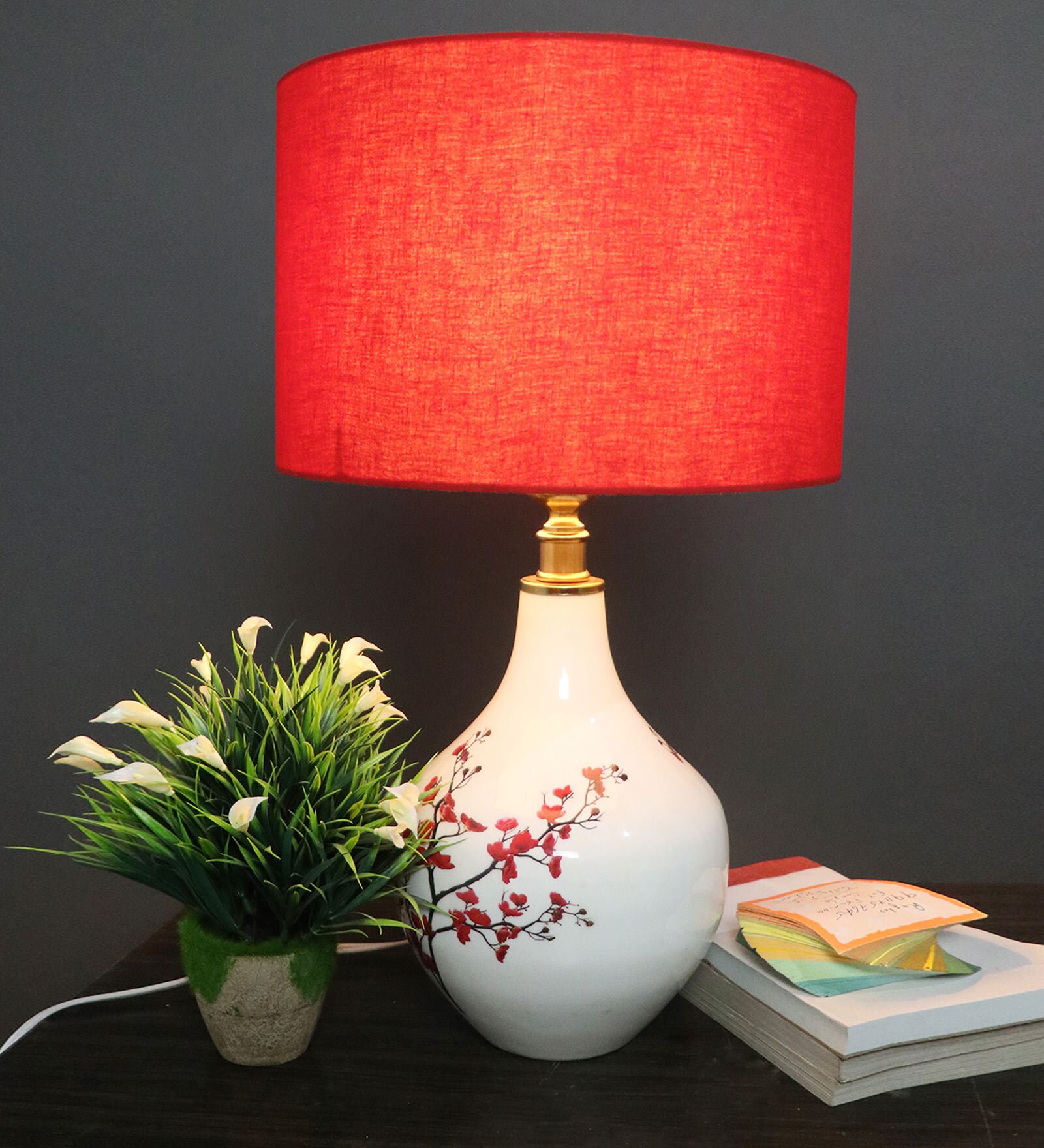 Buy Blossom Red Fabric Shade Table Lamp with White & Pink Base by Black ...