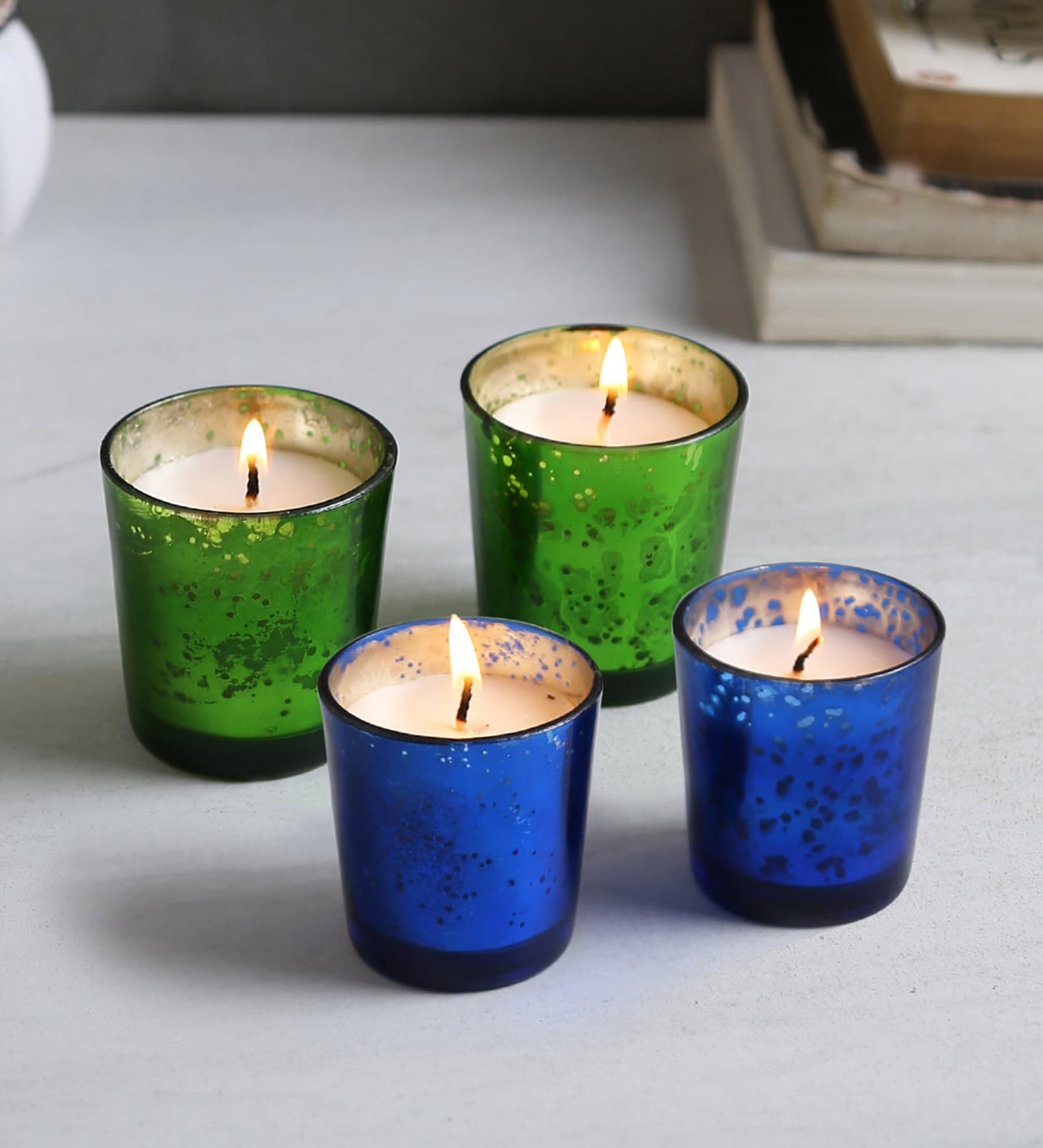 Buy Blue & Green Wax Non Aromatic Festive Glitter Votive Candles - Set ...