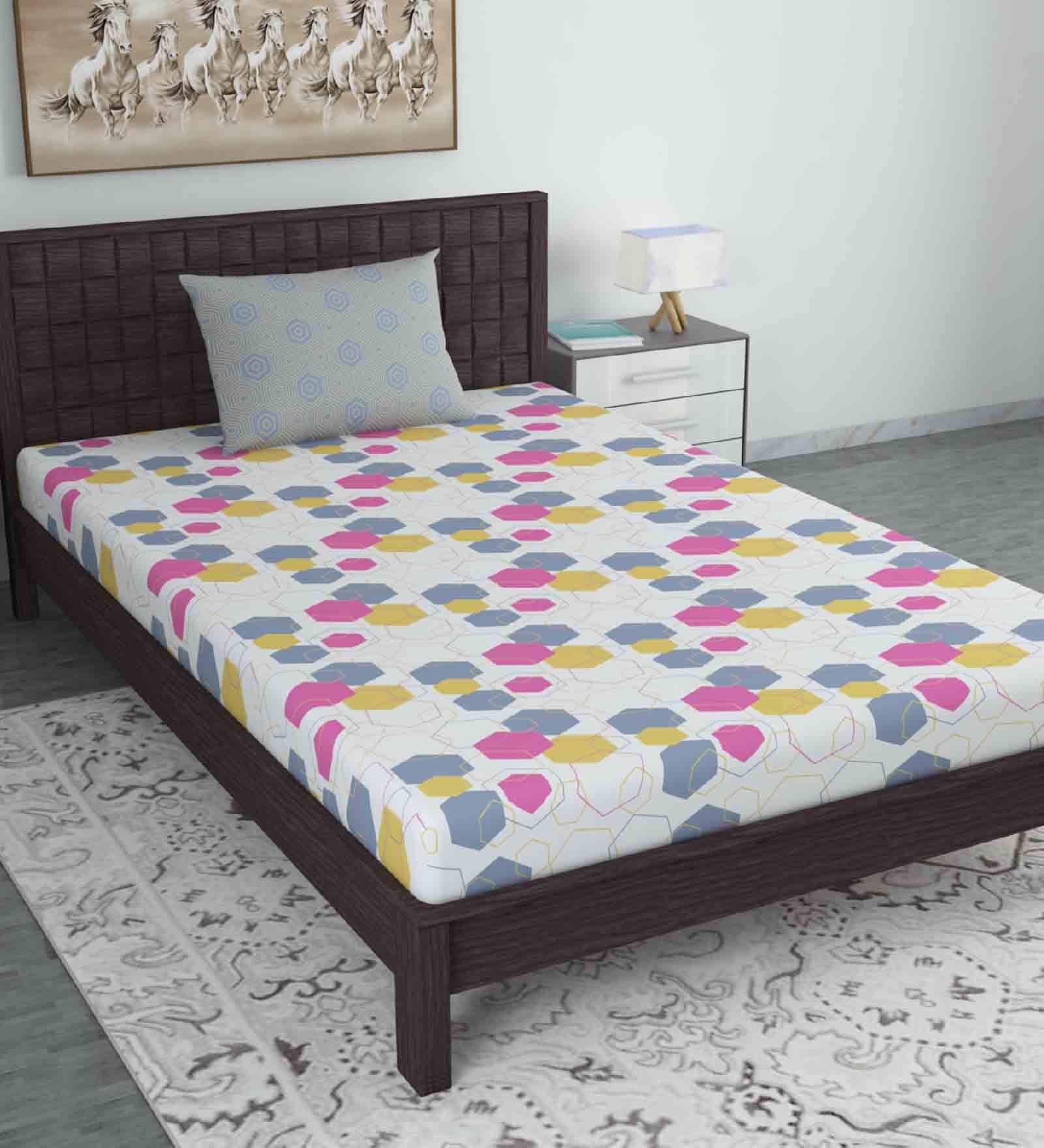 Buy Multicolor Geometric 144 TC Cotton Single Bed Sized Bed Sheets With ...