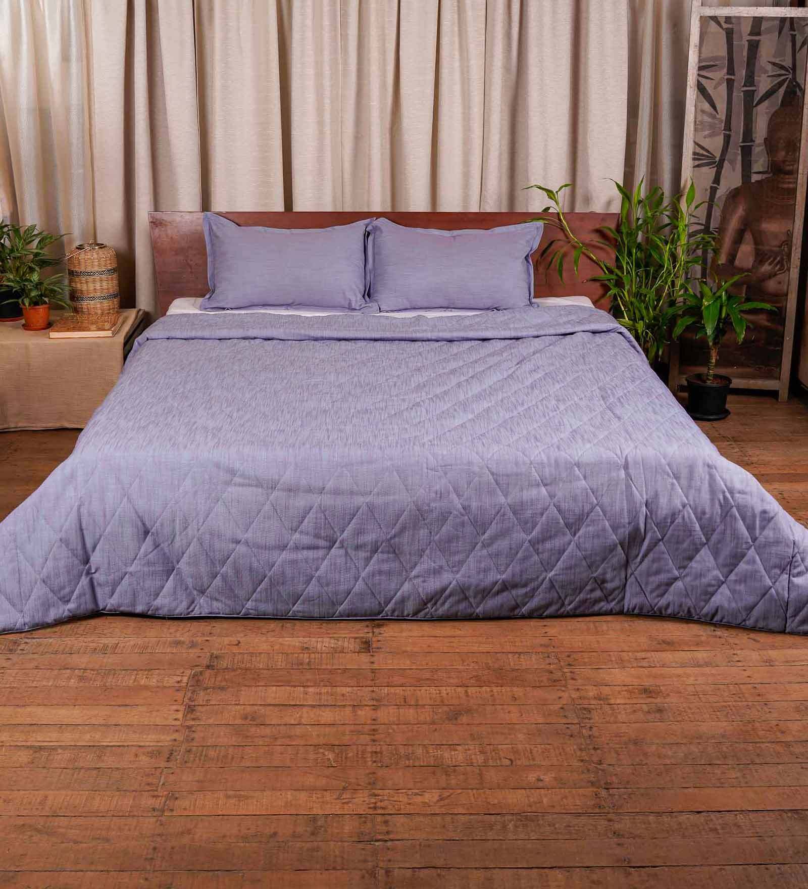 Buy Blue 100% Cotton 150 GSM AC Room Double Bed Quilt and 2 Pillow Sham ...