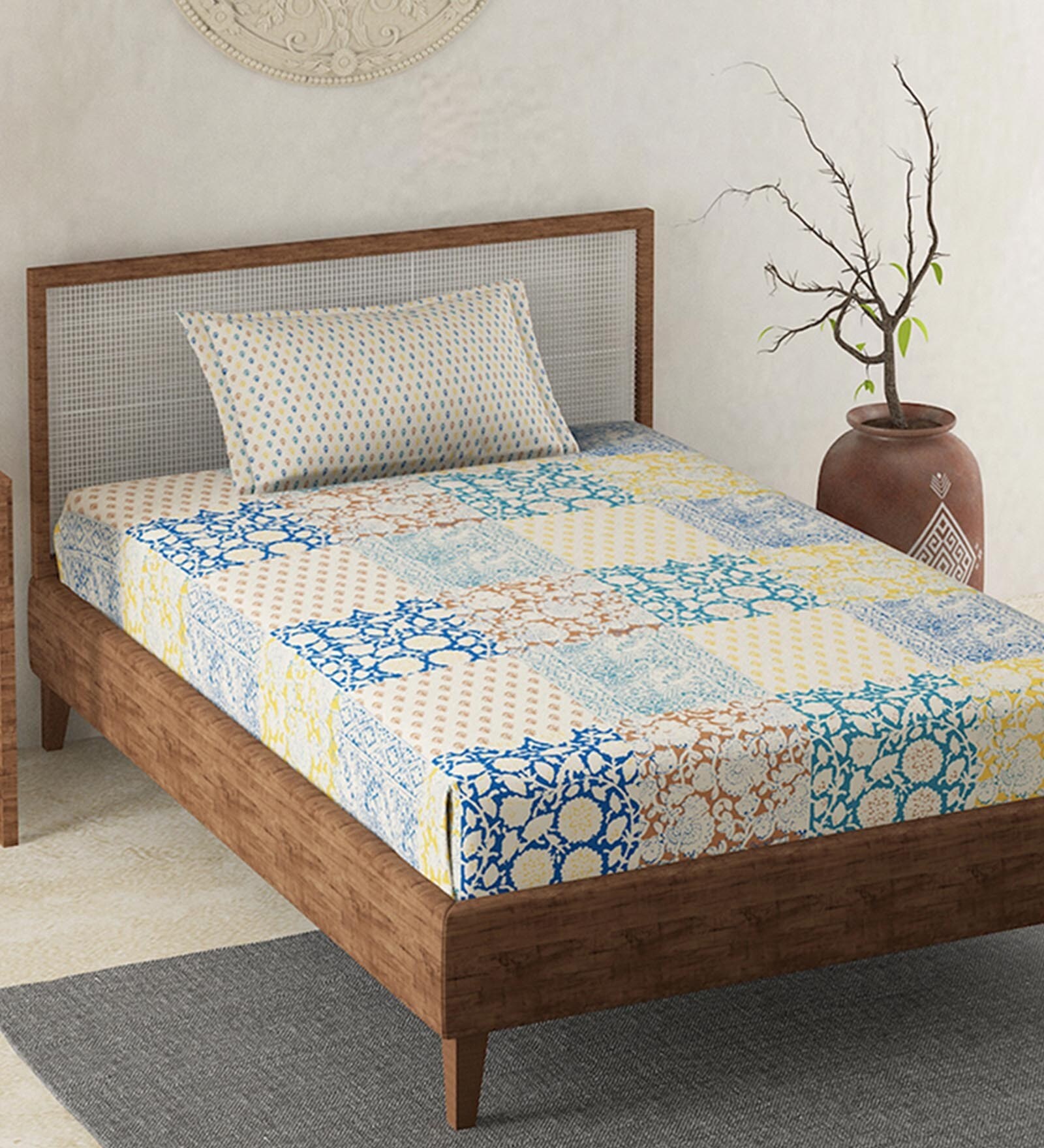 Buy Blue Abstract 120 TC 100% Cotton Single Bed Sized Bed Sheets With 1 ...