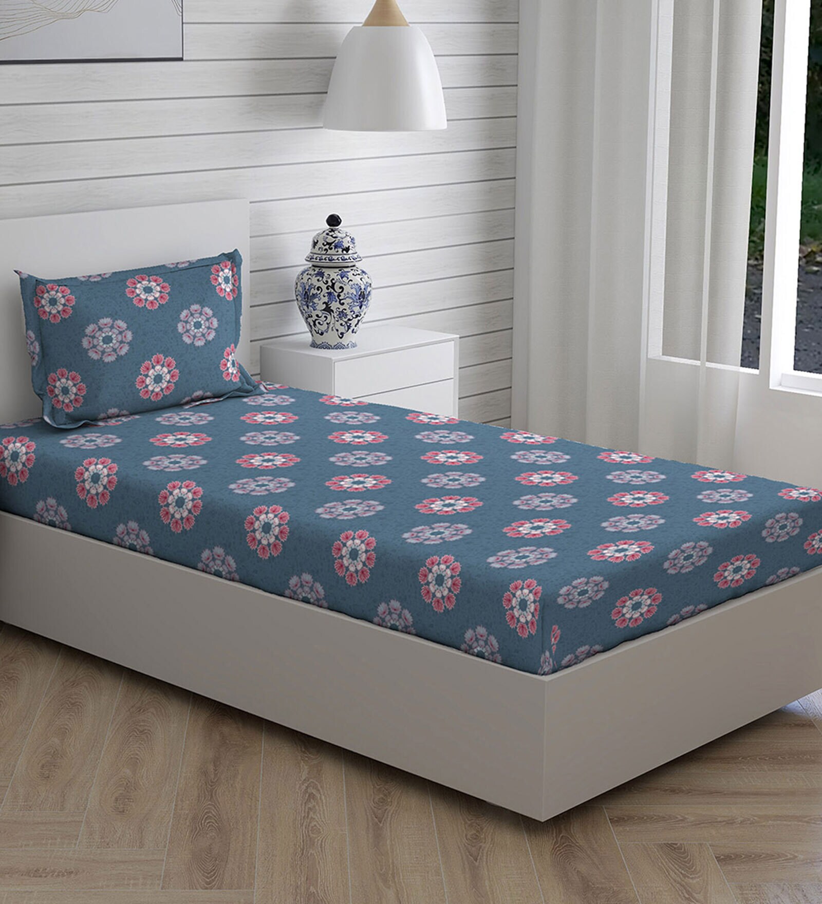 Buy Blue Floral 144 TC Cotton Single Bed Sized Bed Sheets With 1 Pillow ...