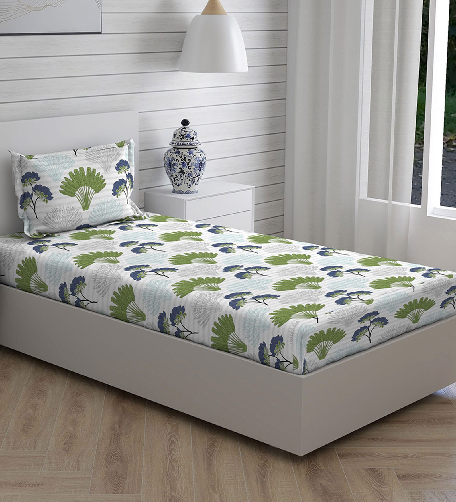 Buy Blue Floral 144 TC Cotton Single Bed Sized Bed Sheets With 1 Pillow ...