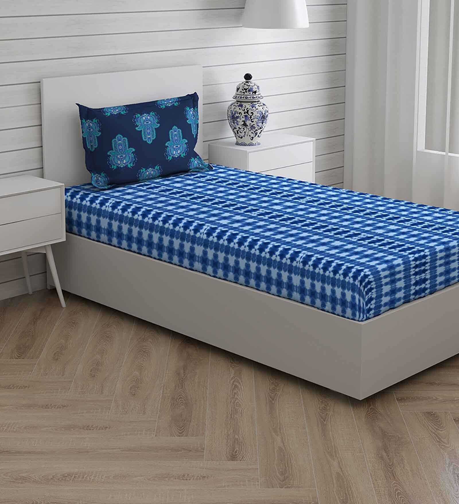 Buy Blue Abstract 150 TC Cotton Single Bed Sized Bed Sheets With 1 ...