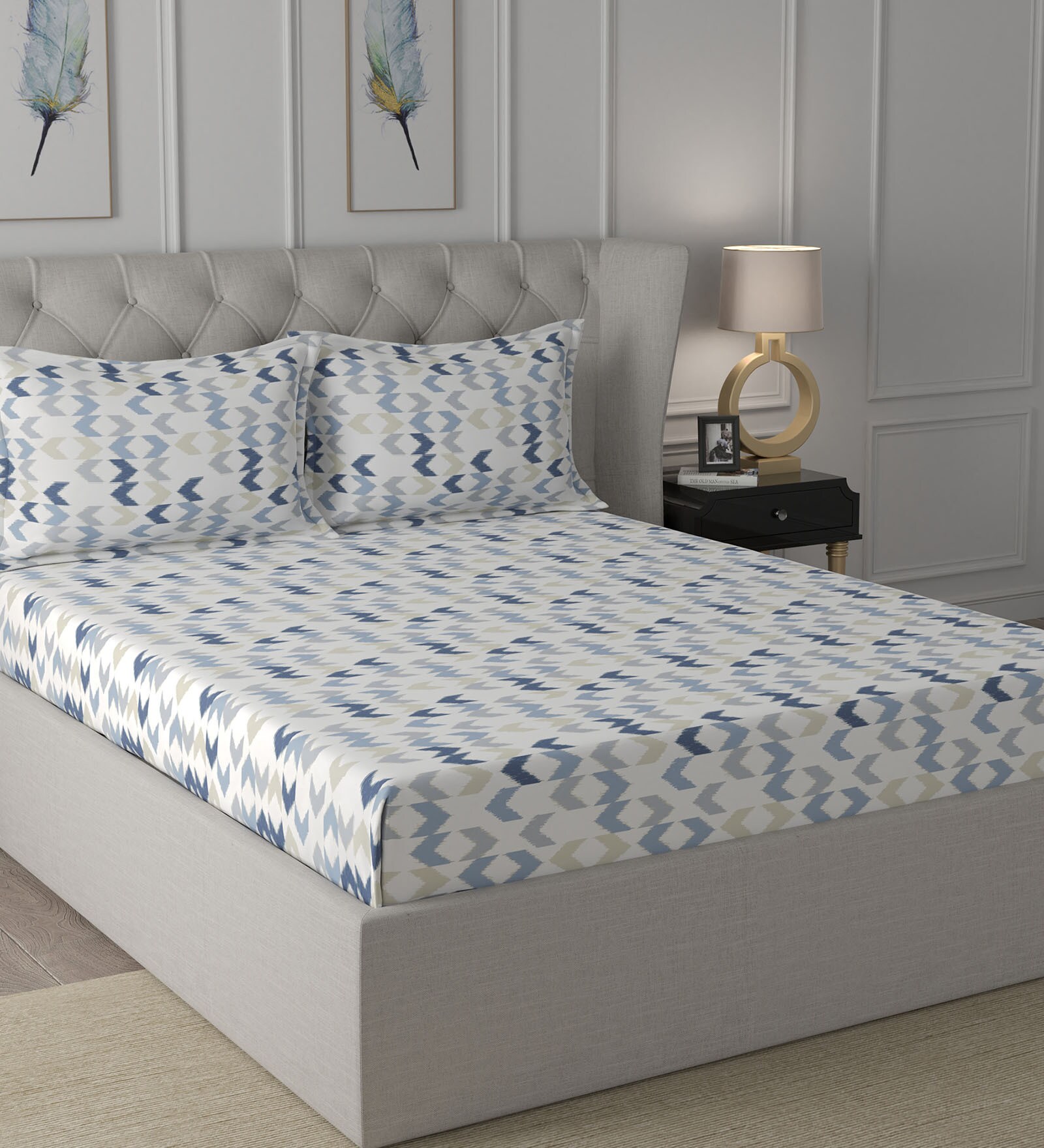 Buy Blue Abstract 200 TC 100% Cotton Double Bed Sheet With 2 Pillow ...