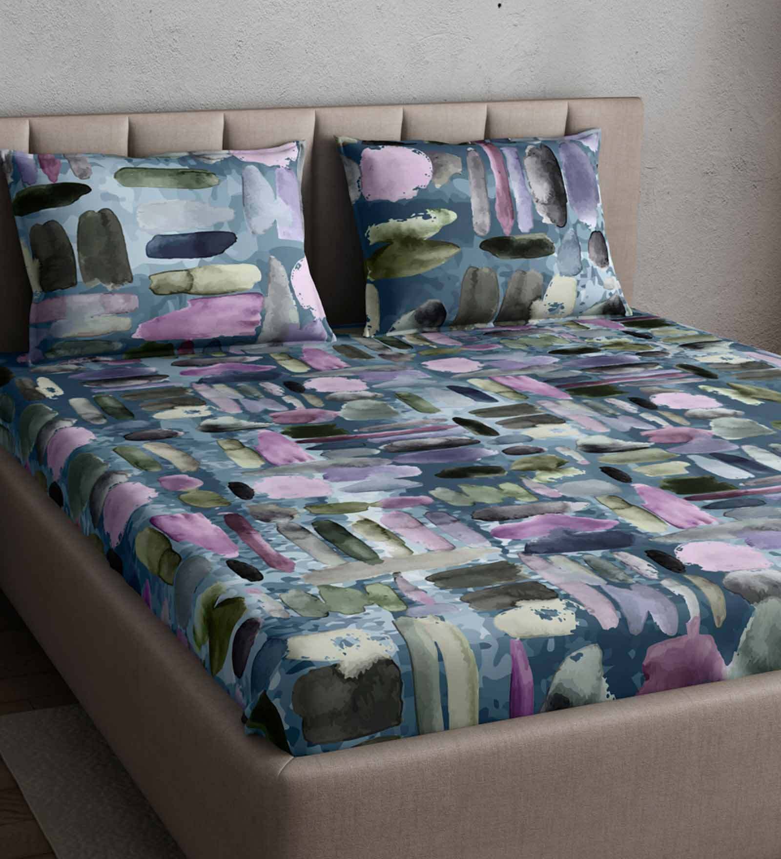 Buy Blue Abstract 300 TC 100% Cotton Queen Sized Bed Sheets with 2 ...
