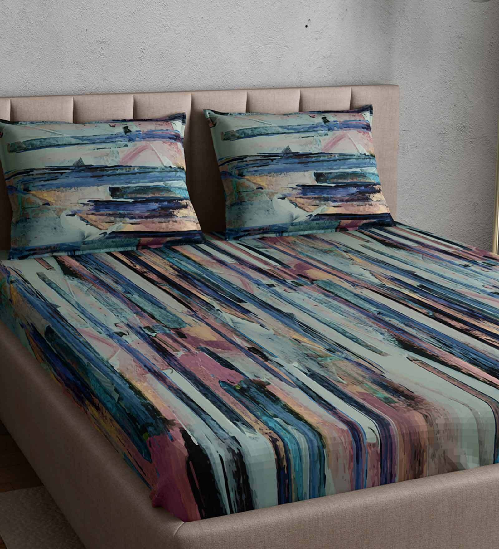 Buy Blue Abstract 300 TC 100% Cotton Queen Sized Bed Sheets with 2 ...