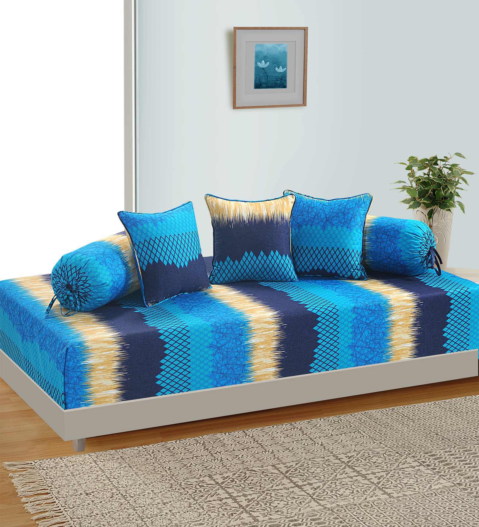 Buy Blue Abstract Diwan Set with Bolster and Cushion Covers (Set of 6 ...