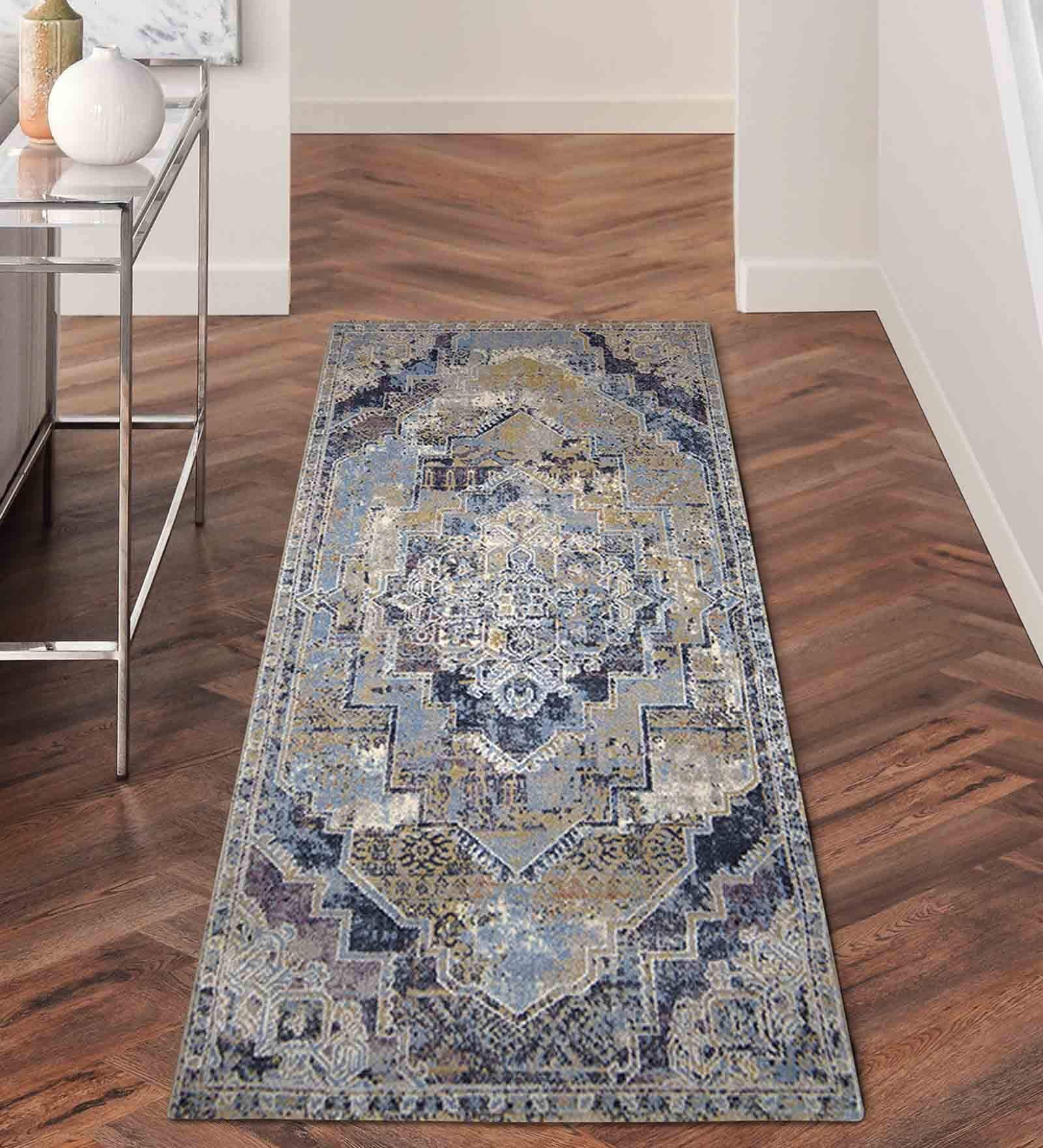 Buy Blue Abstract Polyester 59x24 Inches Machine Made Floor Runner at ...