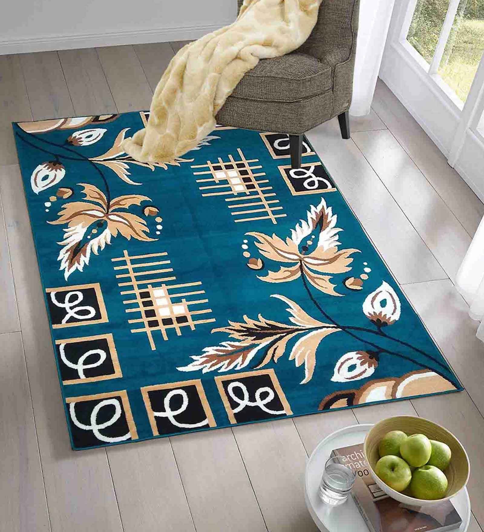 Buy Blue Floral Acrylic 6 ft x 9 ft Machine Made Carpet at 30% OFF by ...