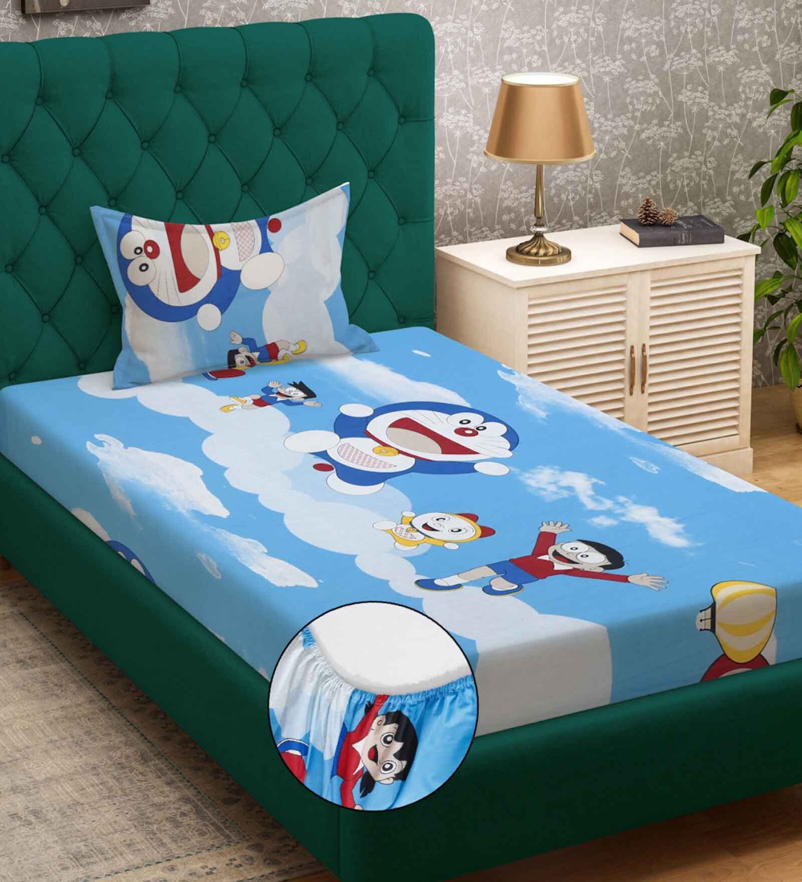 Buy Blue Cartoon Characters 400 TC Pure Cotton Fitted Single Bedsheet ...