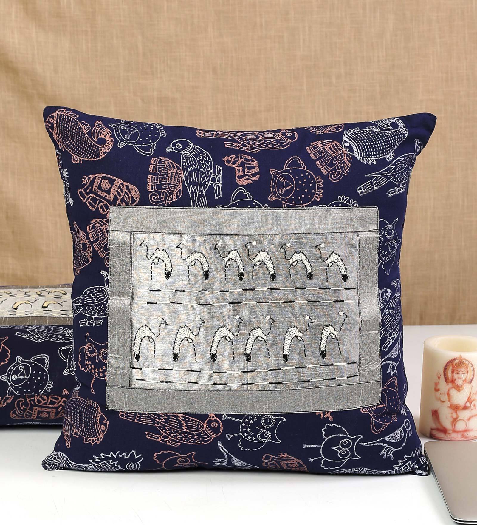 Buy Blue Cotton Ethnic motif 16x16 inches Cushion Covers (Set of 2) by ...