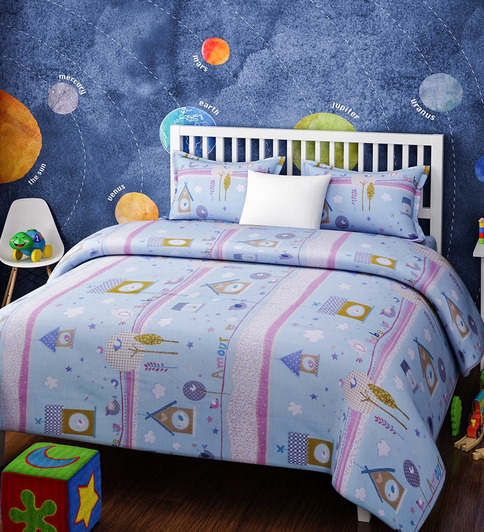 Buy Blue Cotton Queen Size Bird House Kids Bedsheet-Set of 3 by Rago at ...