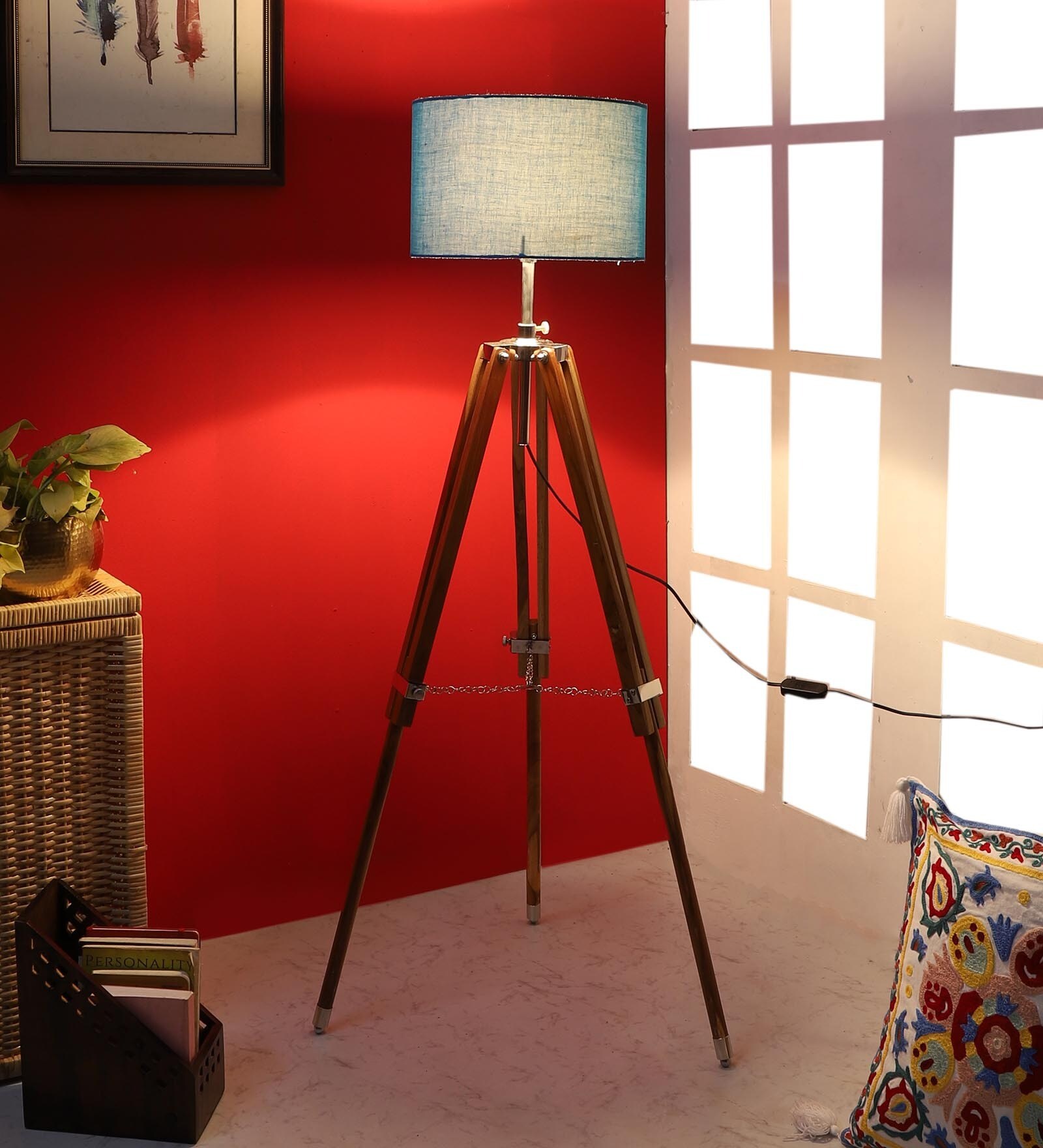 Buy Lyon Blue Cotton Shade Tripod Floor Lamp With Teak wood Base at 9% ...