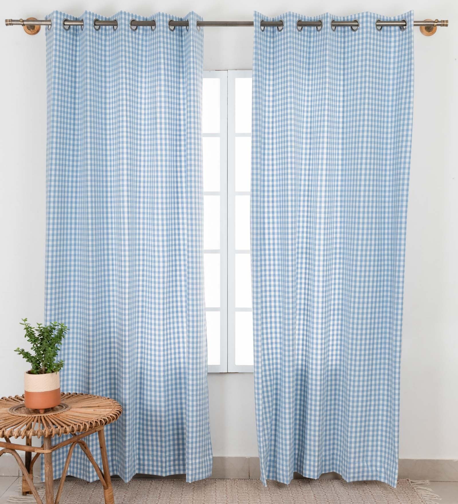 Buy Blue Cotton Checkered 7.5 Semisheer Eyelet (1Pc) Door Curtain by ...