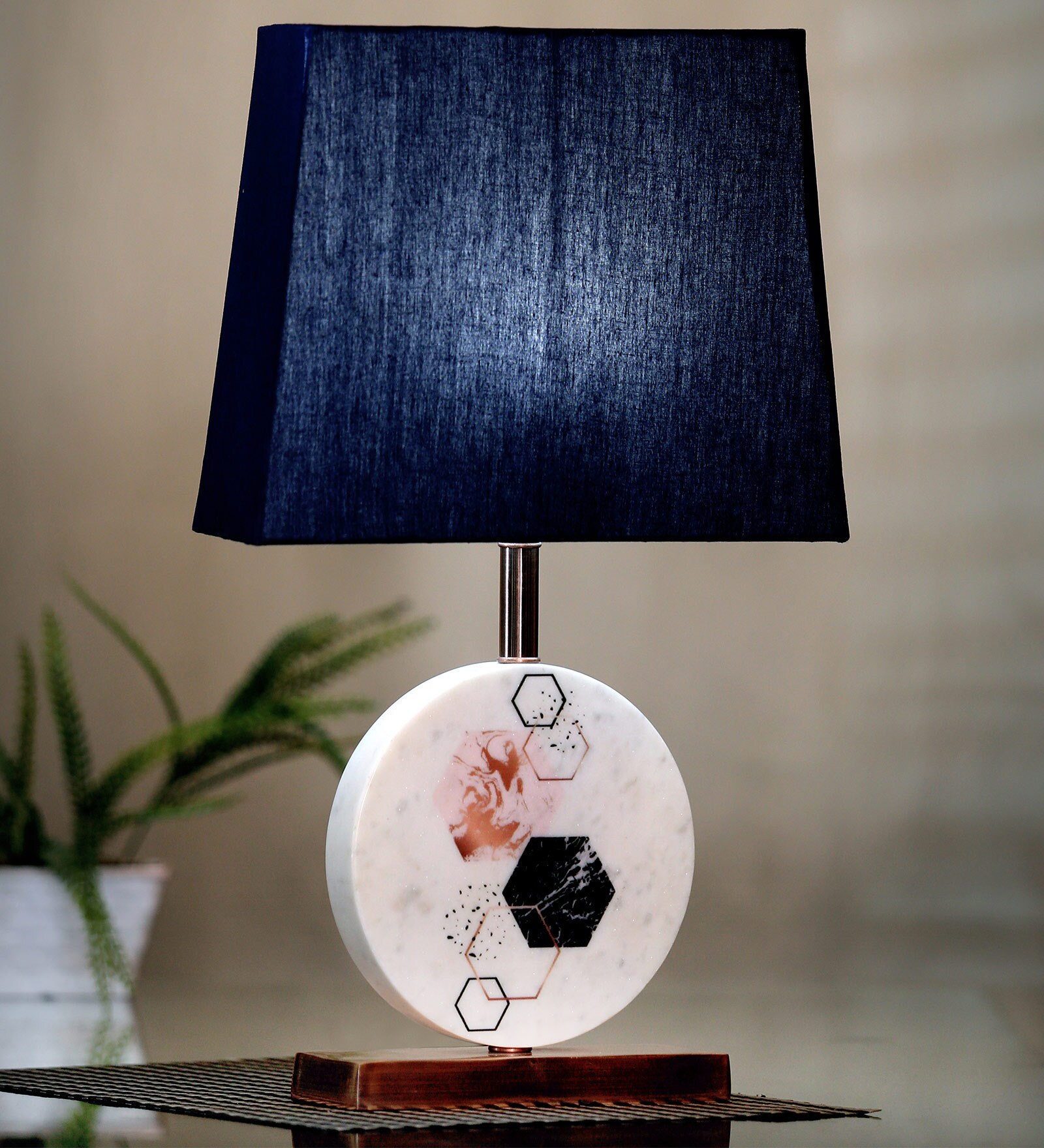 Buy Blue Fabric Shade Marble Table LED Lamp With Antique Copper Base By ...