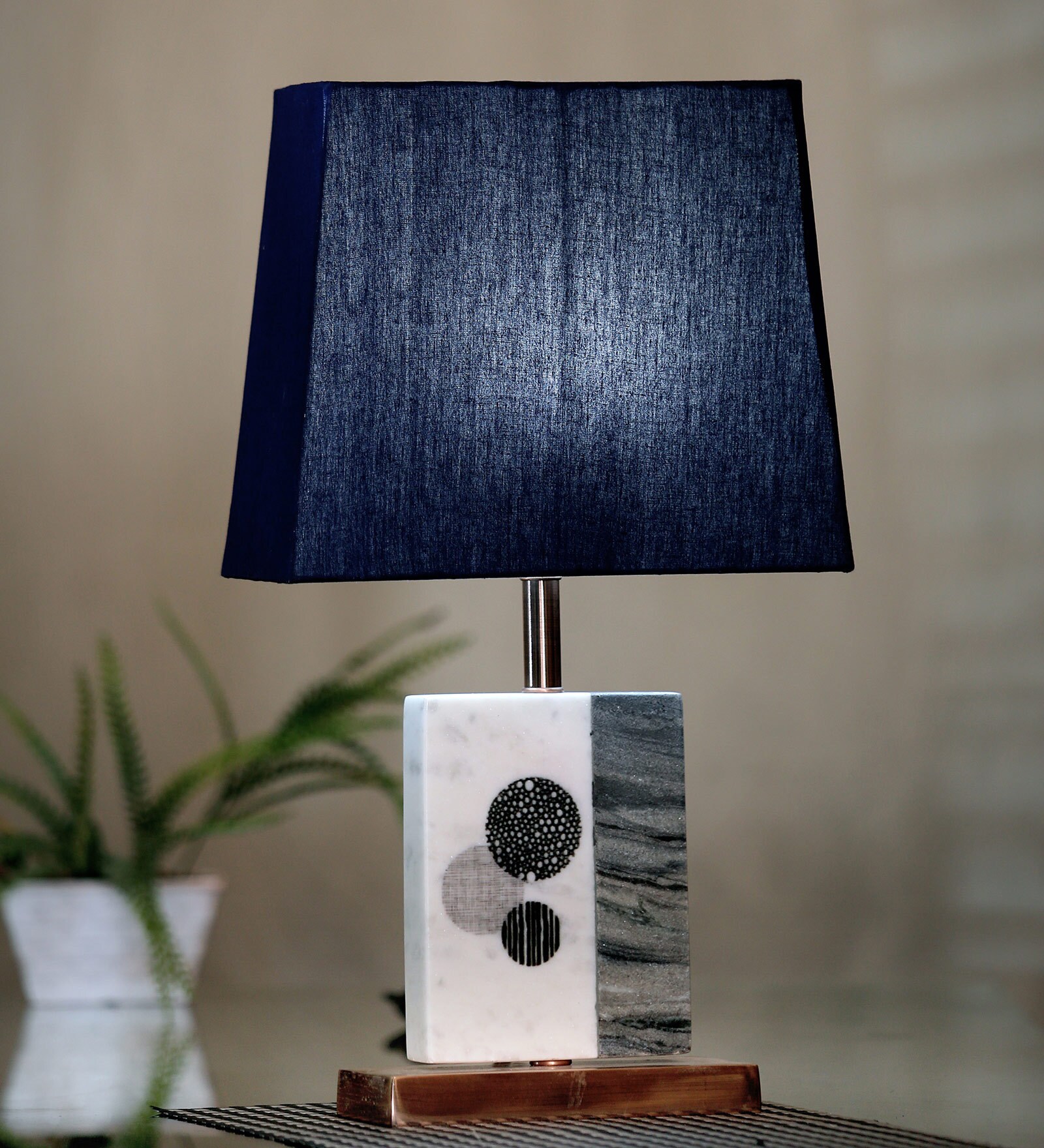 Buy Blue Fabric Shade Marble Table LED Lamp With Antique Copper Base By ...