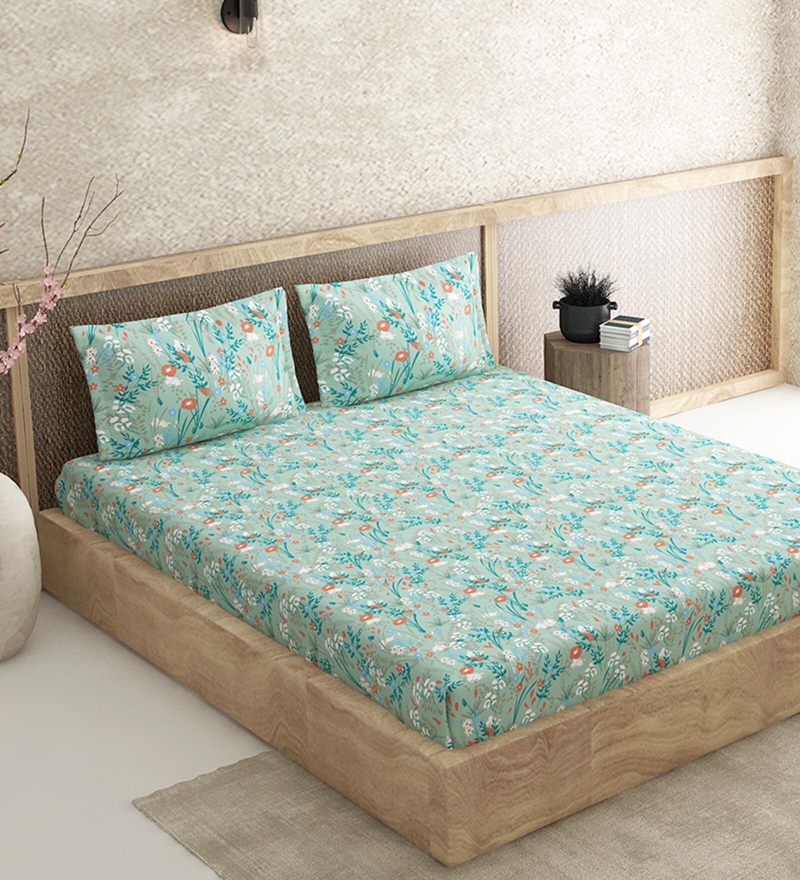 Buy Blue Floral 120 TC 100% Cotton King Sized Bed Sheets with 2 Pillow ...