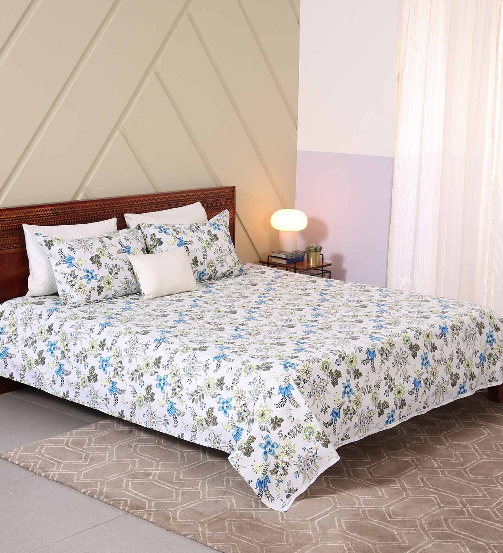Buy Blue Floral 120 TC Cotton King Sized Bed Sheets with 2 Pillow ...