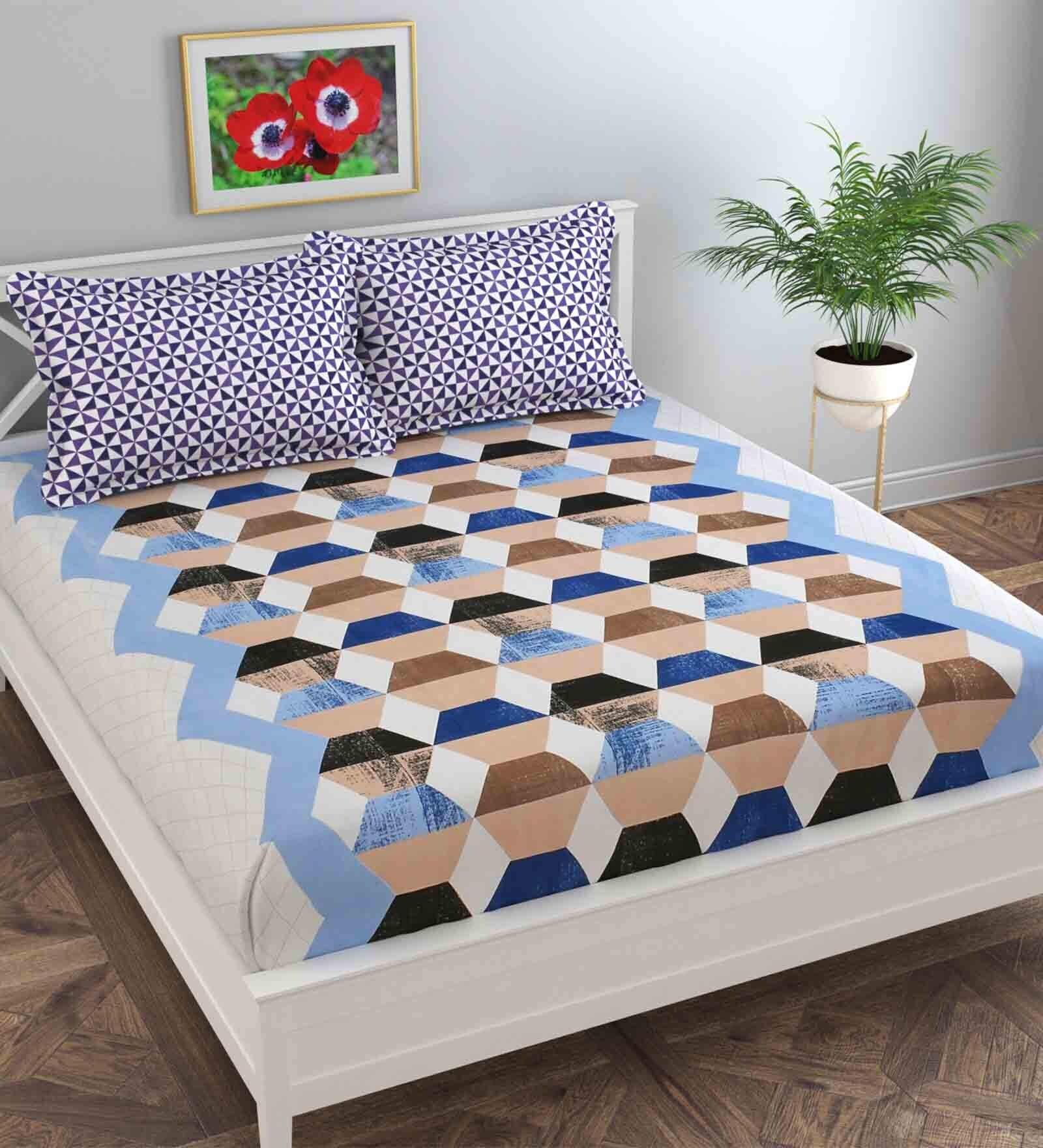 Buy Blue Geometric 130 TC Poly Cotton King Sized Bed Sheets with 2 ...