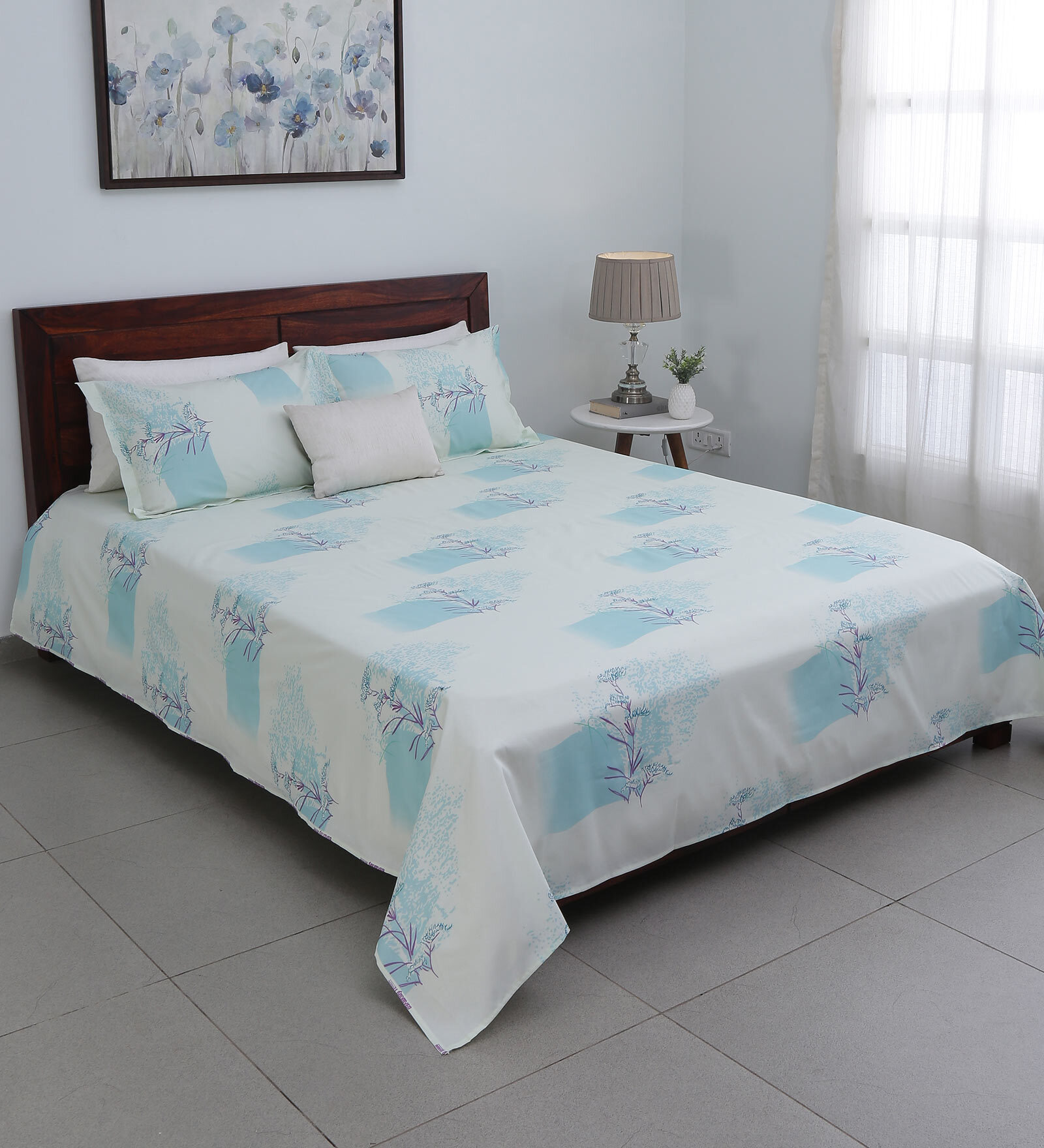 Buy Blue Floral 140 TC Cotton Double Bedsheet with 2 Pillow Covers by ...