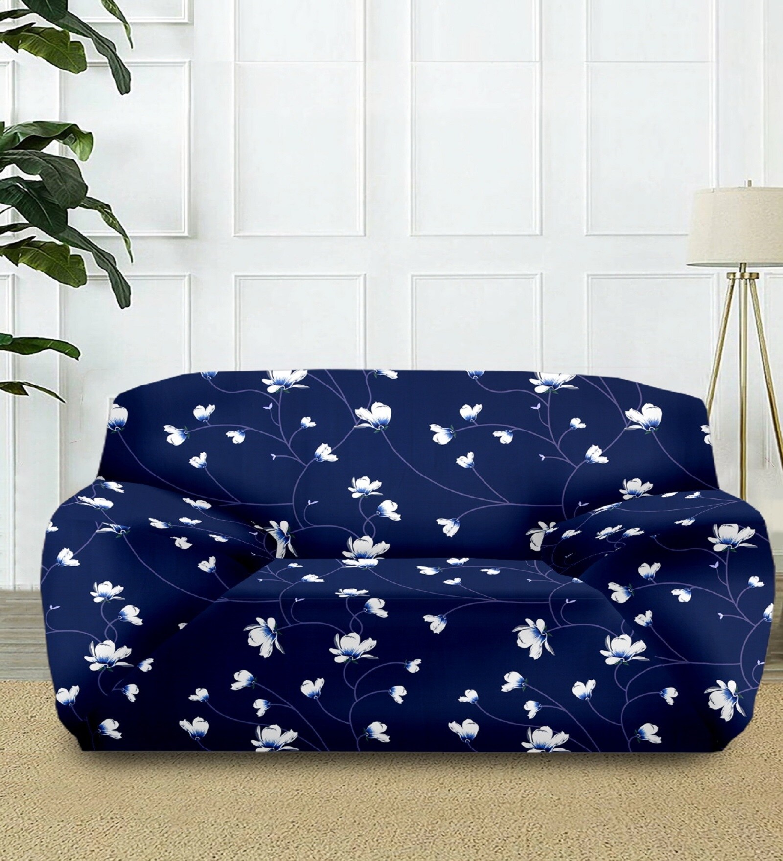 Buy Blue Floral Polyester 57x35 Inches 3 Seater Sofa Cover by Jaide at ...