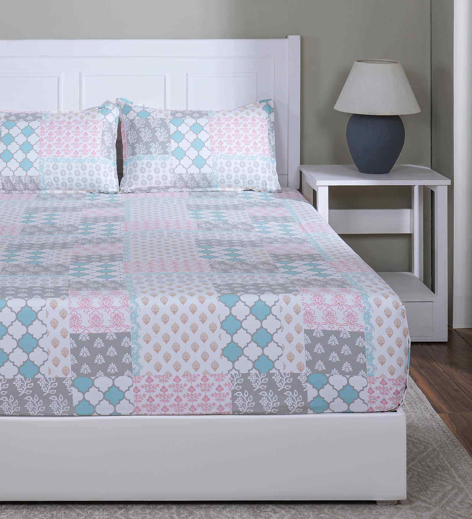Buy Blue Floral Print 144 TC Cotton Single Bed Fitted Sheet with 1 ...
