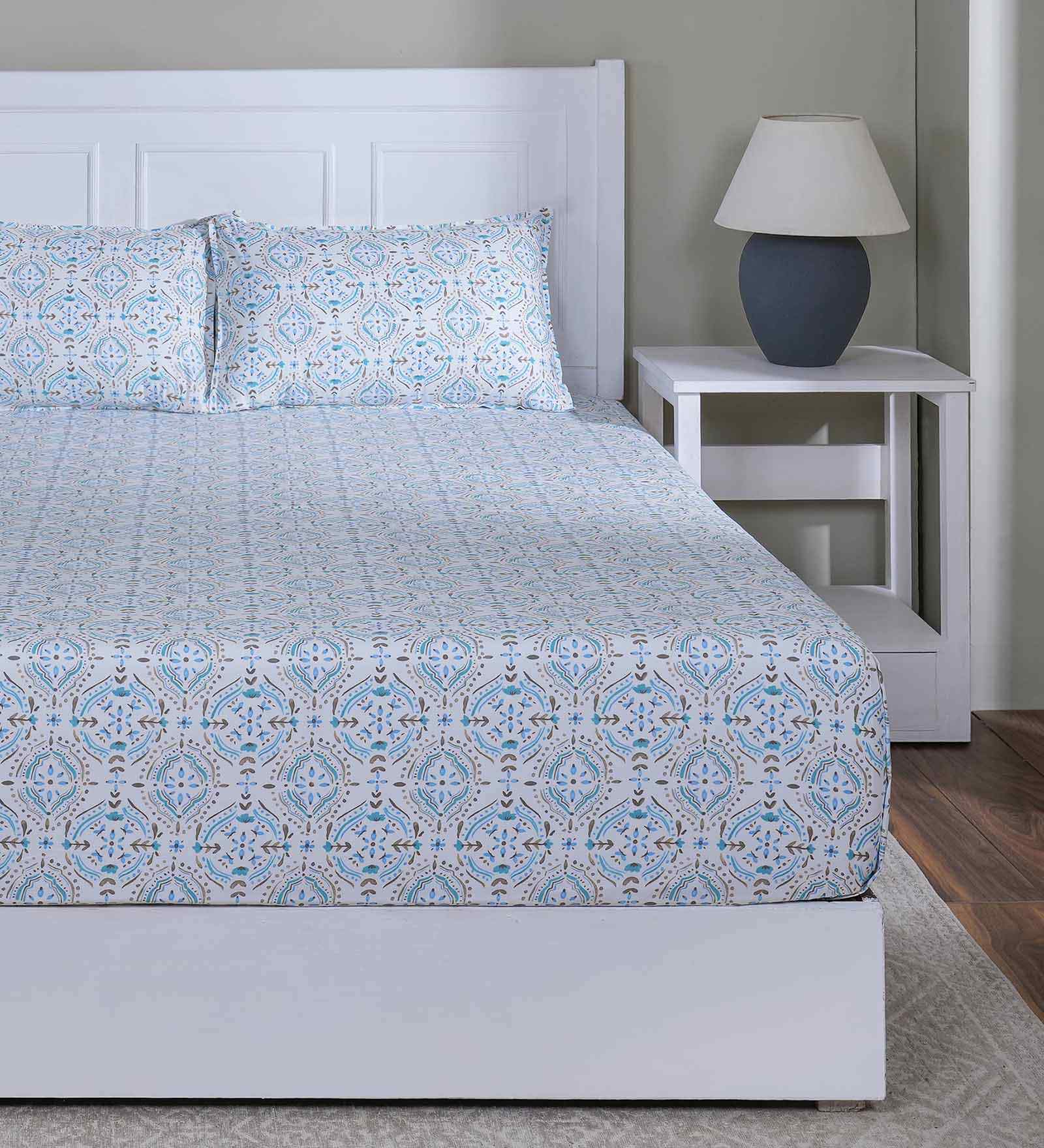 Buy Blue Floral Print 144 TC Cotton Single Bed Fitted Sheet with 1 ...