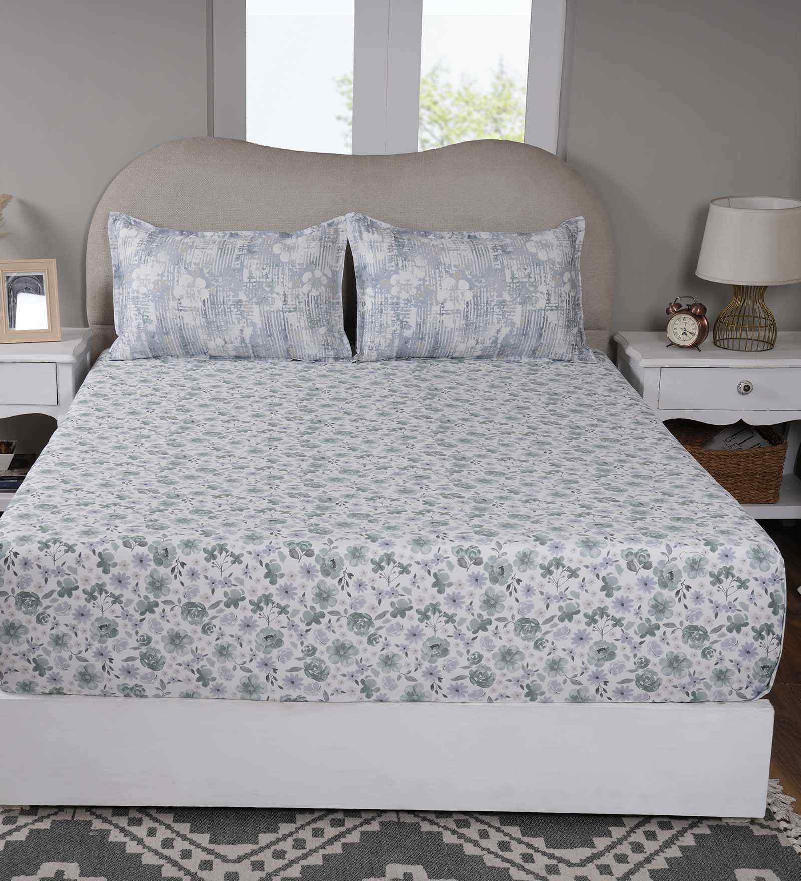 Buy Blue Floral Print 300 TC Cotton Double Bed Fitted Sheet with 2 ...