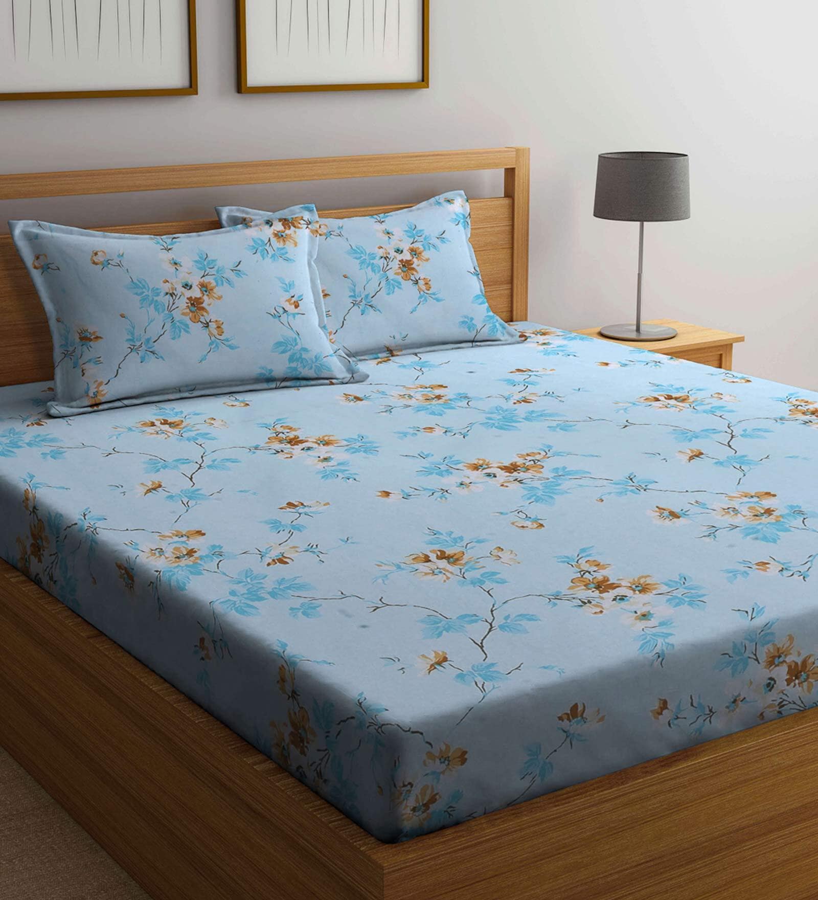 Buy Blue Floral 300 TC Cotton Queen Sized Fitted Bed Sheets with 2 ...