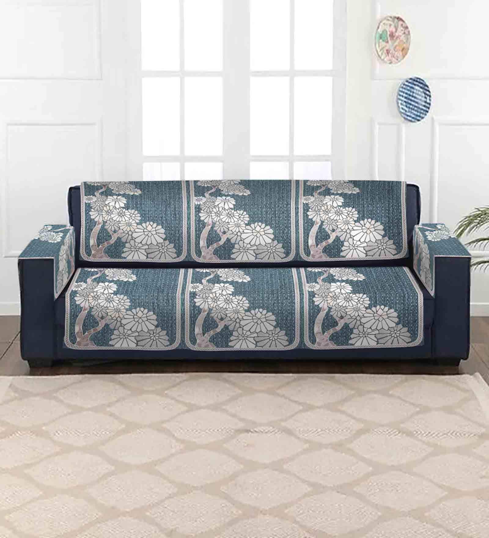 Buy Blue Floral Velvet 5 Seater Sofa Cover at 51% OFF by Hosta Homes ...