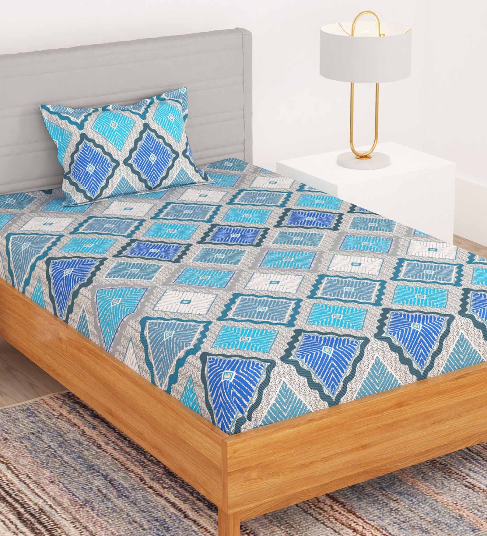 Buy Blue Geometric 180 TC Microfiber Single Size Bedsheet with Pillow ...