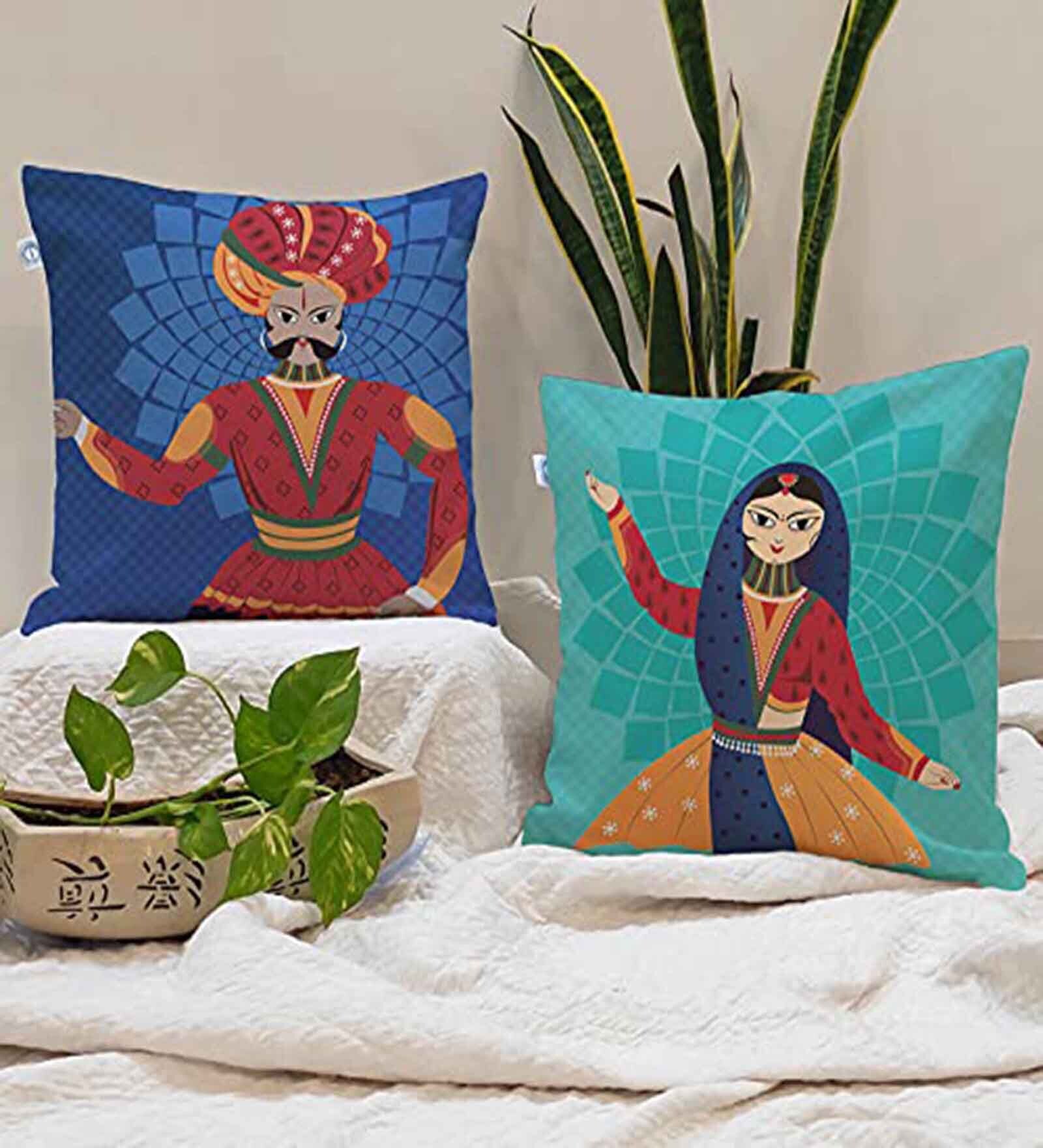 Buy Blue Jute Traditional 16x16 inches Cushion Covers (Pack of 2) at 75 ...