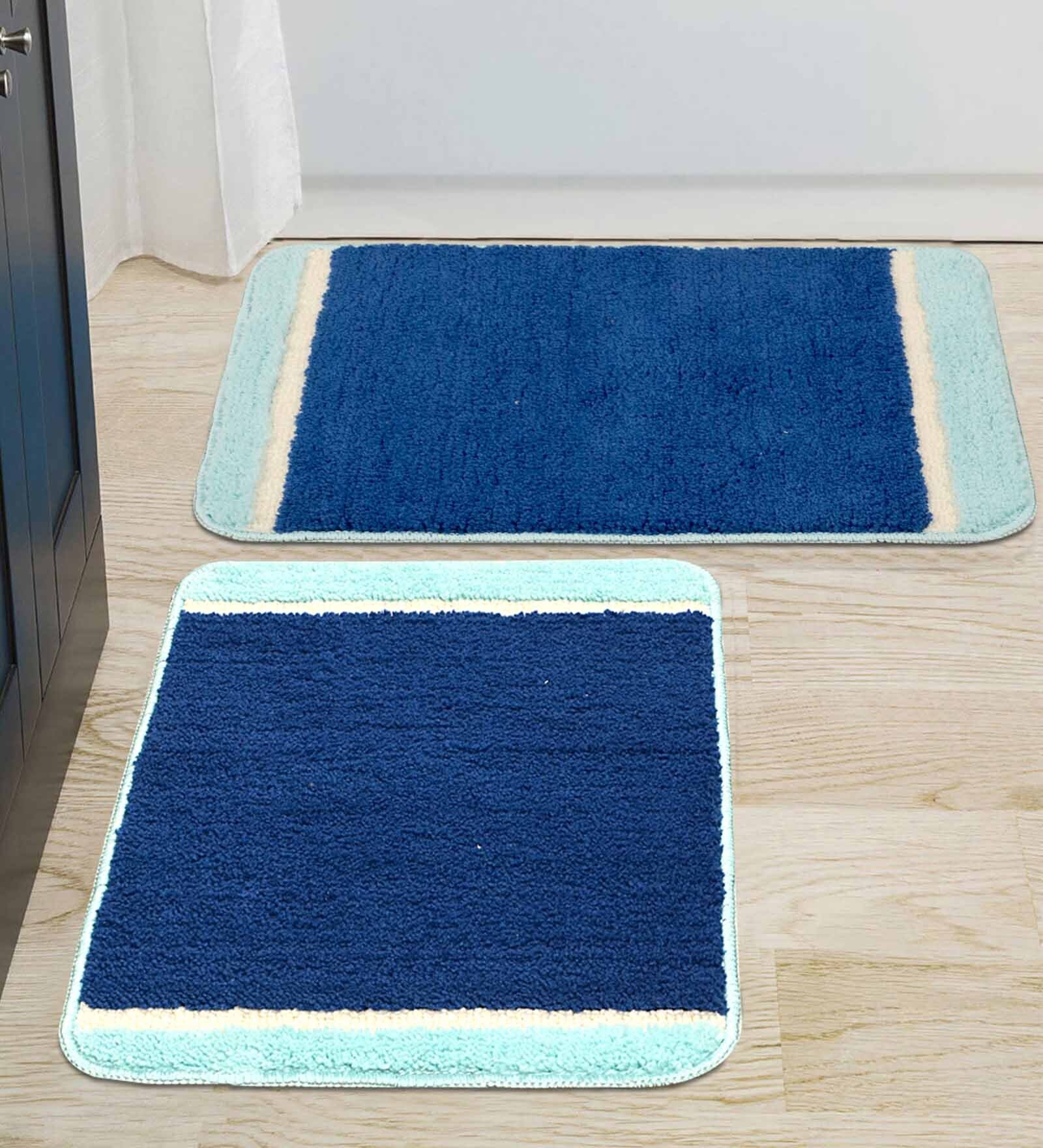 Buy Blue Geometric Microfibre 24x16 Inches AntiSkid Bath Mats (Set of 2 ...
